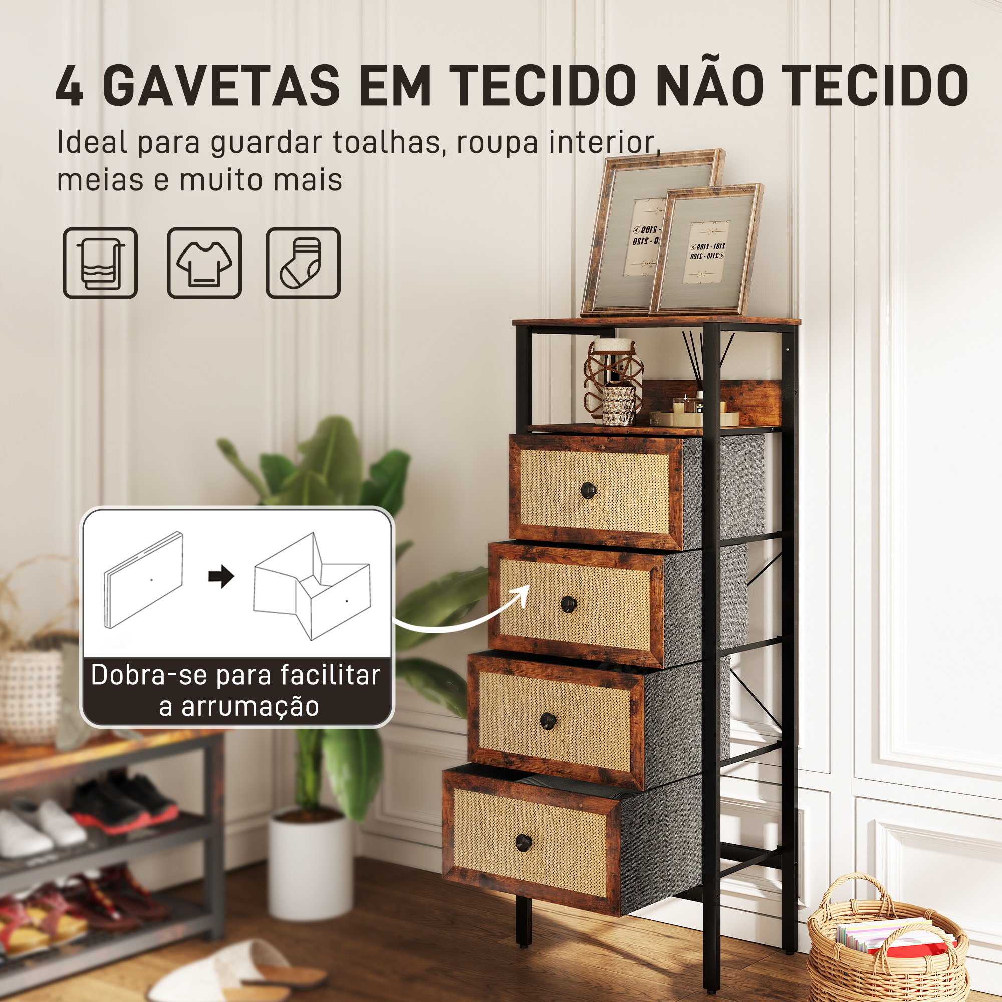 HOMCOM Cómoda de Tecido Cómoda para Dormitório com 4 Gavetas com Frente ...