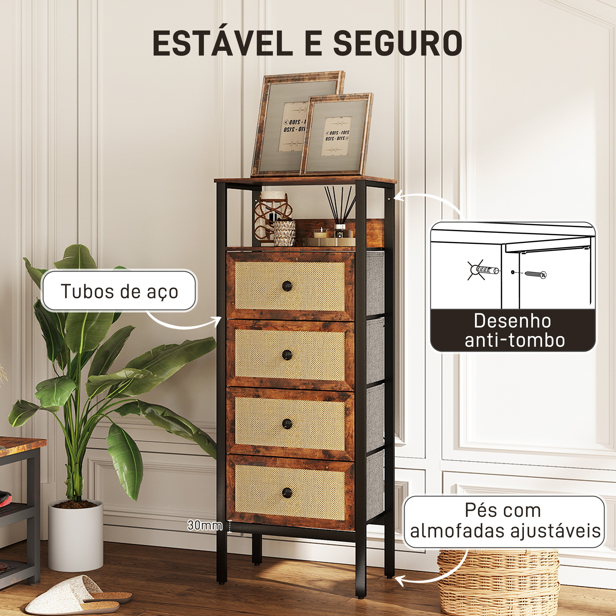 HOMCOM Cómoda de Tecido Cómoda para Dormitório com 4 Gavetas com Frente ...
