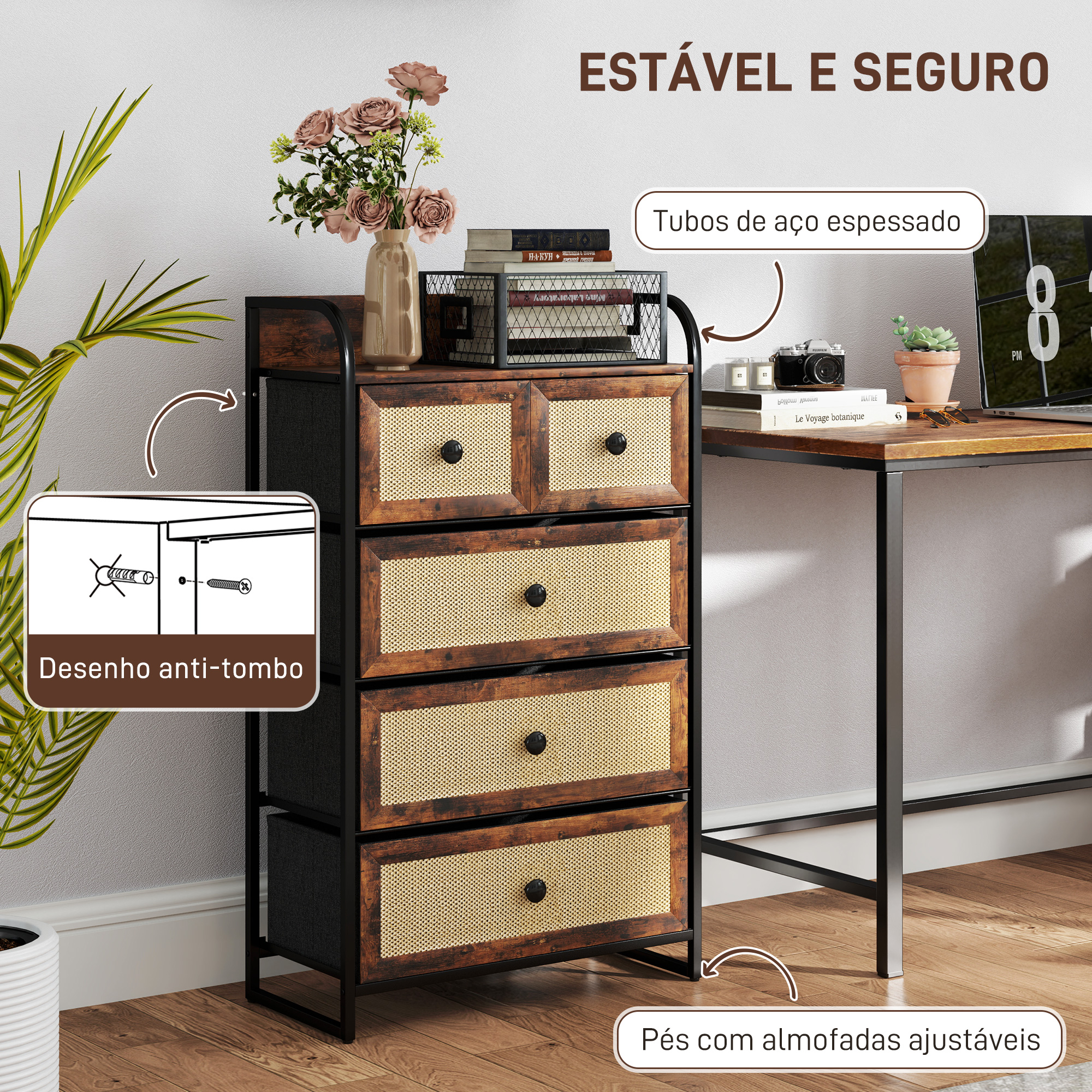 HOMCOM Cómoda de Tecido Cómoda para Dormitório com 5 Gavetas com Frente ...
