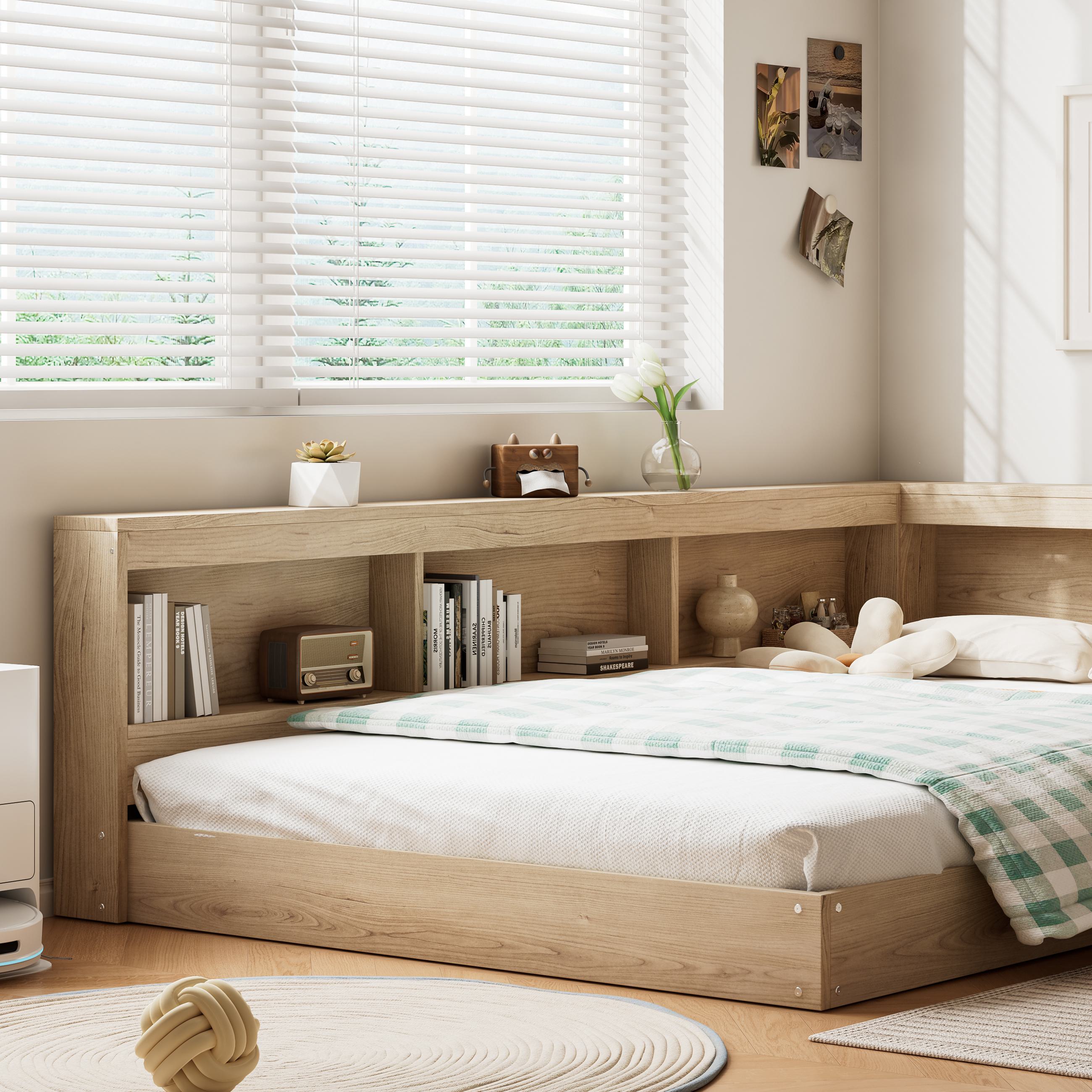 Wooden Double Bed with Ample Compartments Storage Space, White Oak ...