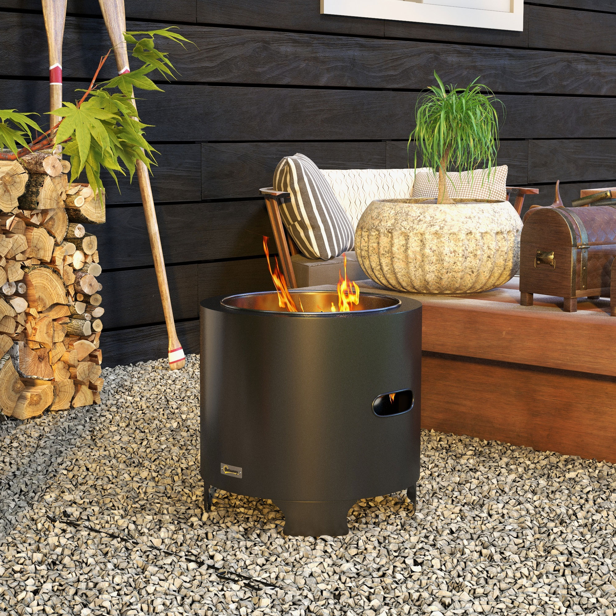 Outsunny Feuerring rauchfrei tragbarer Outdoor-Holzfeuerplatz aus ...