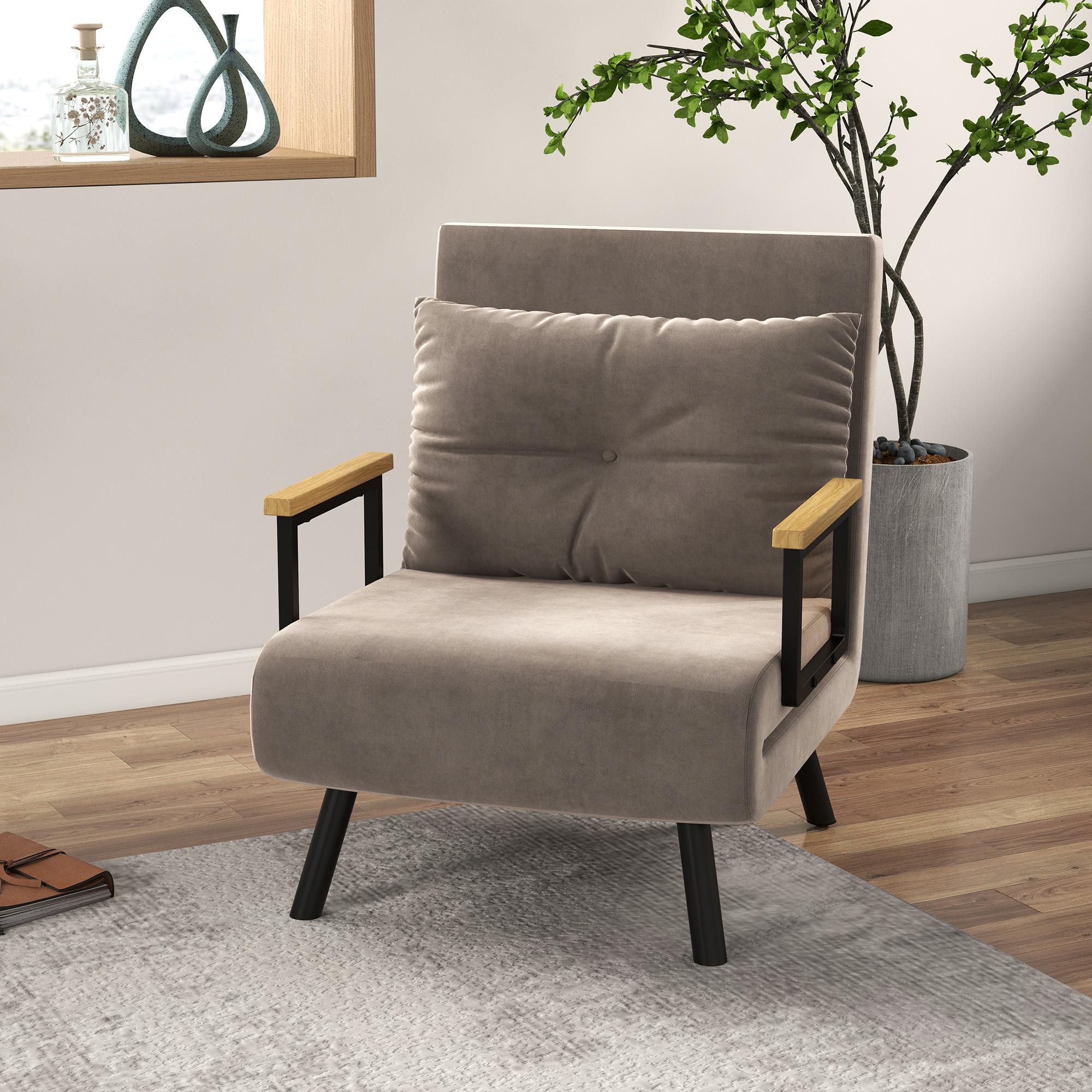 Fauteuil convertible 3 en 1 lit 1 place dossier 5 positions, accoudoirs en bois et coussin ...