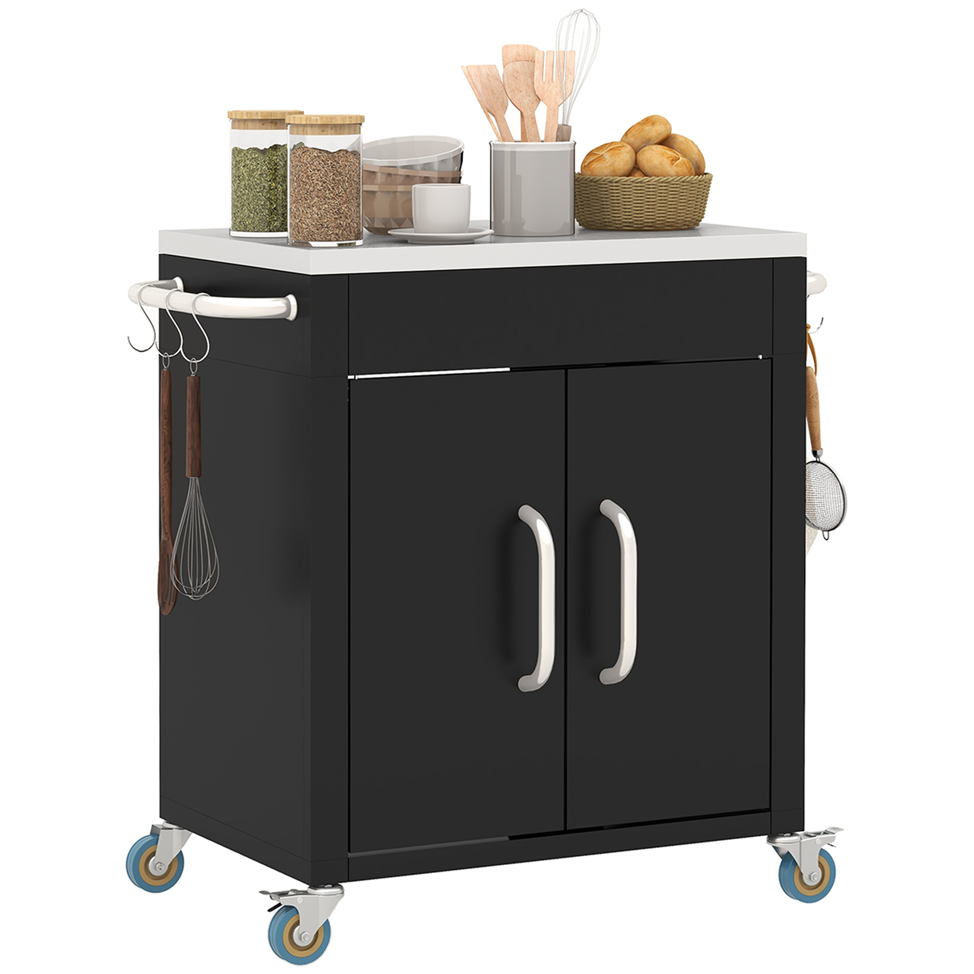 HOMCOM Black Metal Kitchen Island on Wheels, Rolling Trolley Catr with ...