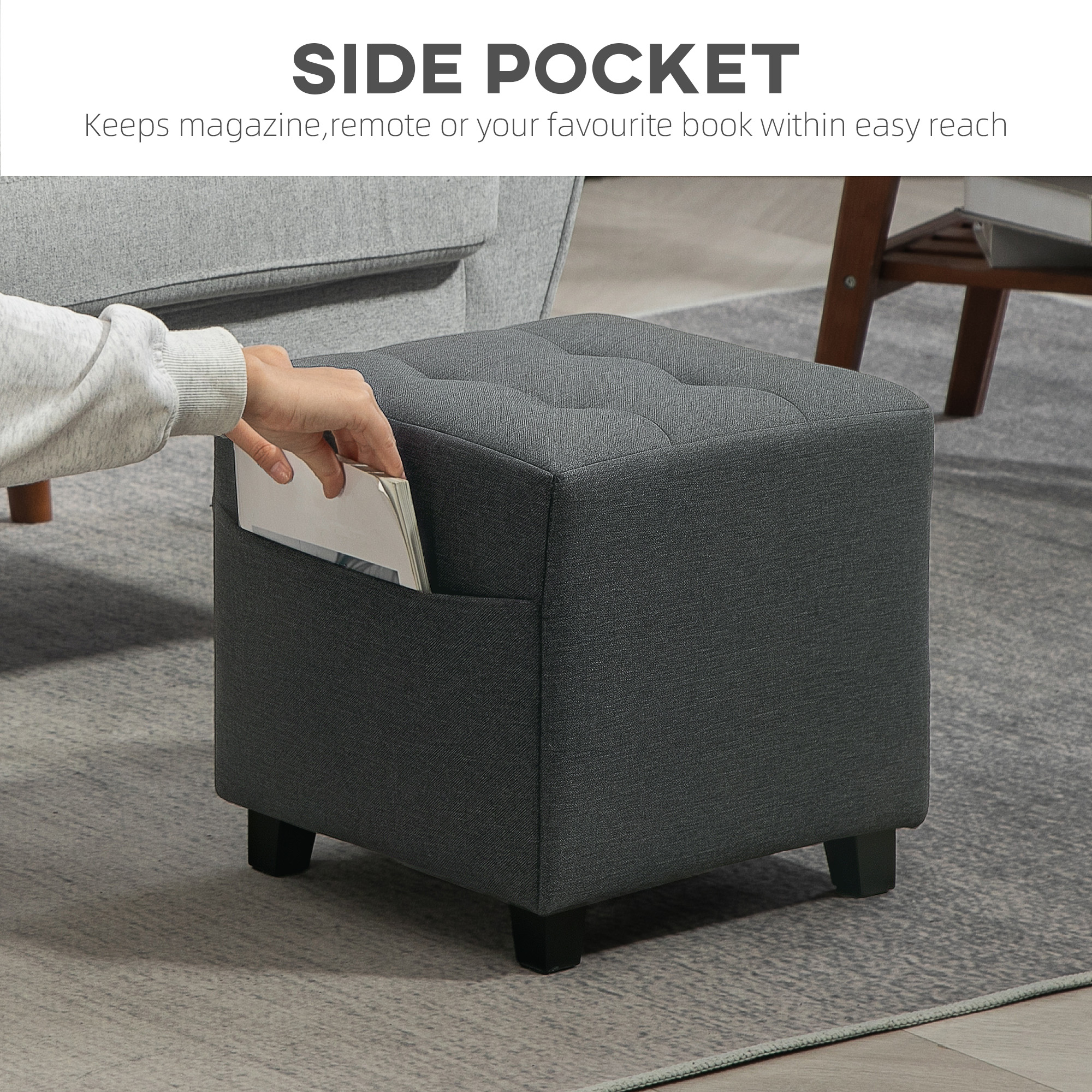 HOMCOM Square Footstool, Small Ottoman with Side Pocket, Linen Fabric ...