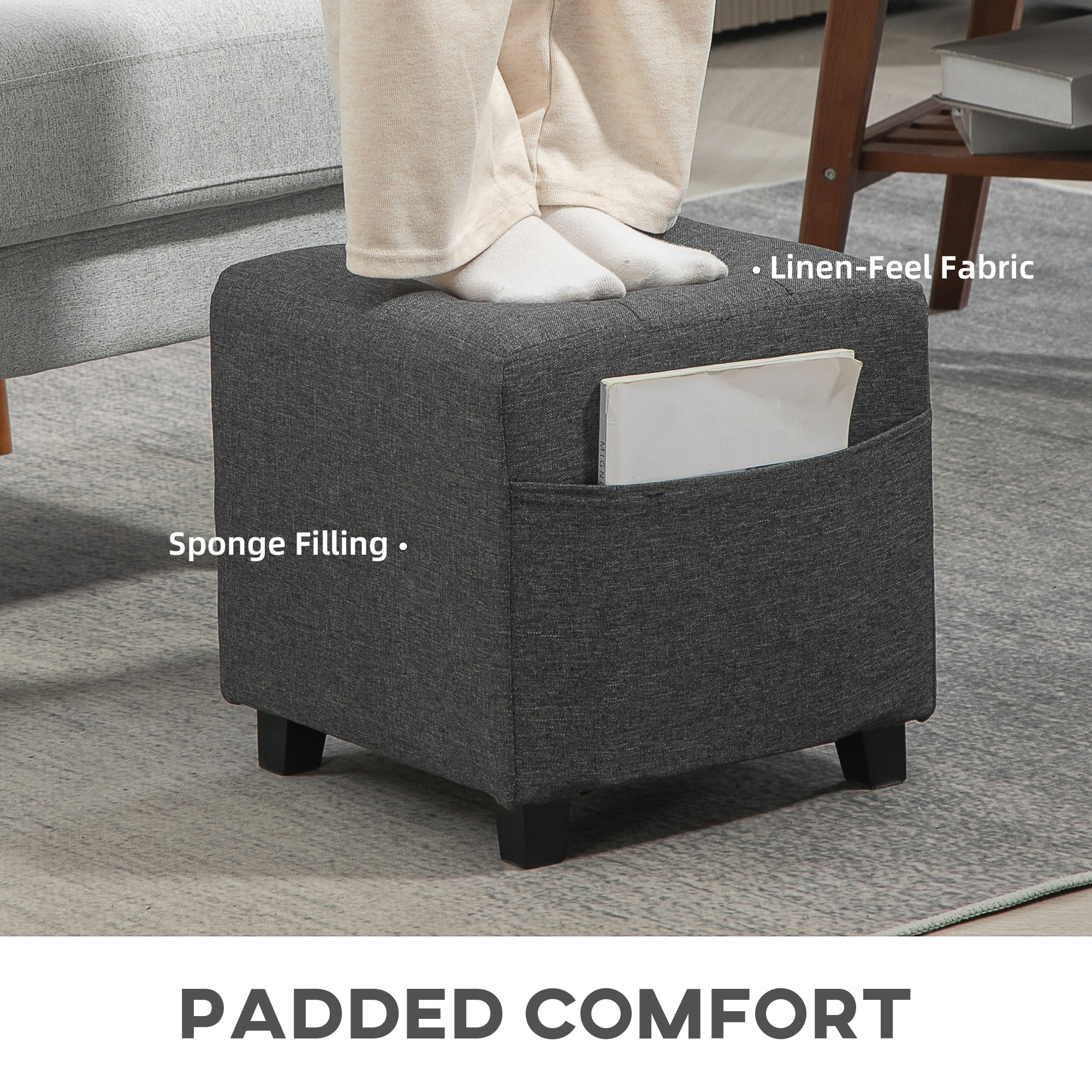 HOMCOM Square Footstool, Small Ottoman with Side Pocket, Linen Fabric ...