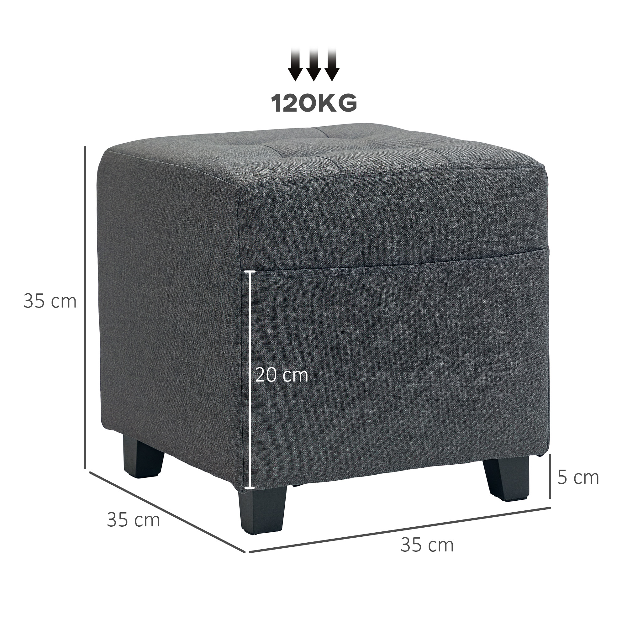 HOMCOM Square Footstool, Small Ottoman with Side Pocket, Linen Fabric ...