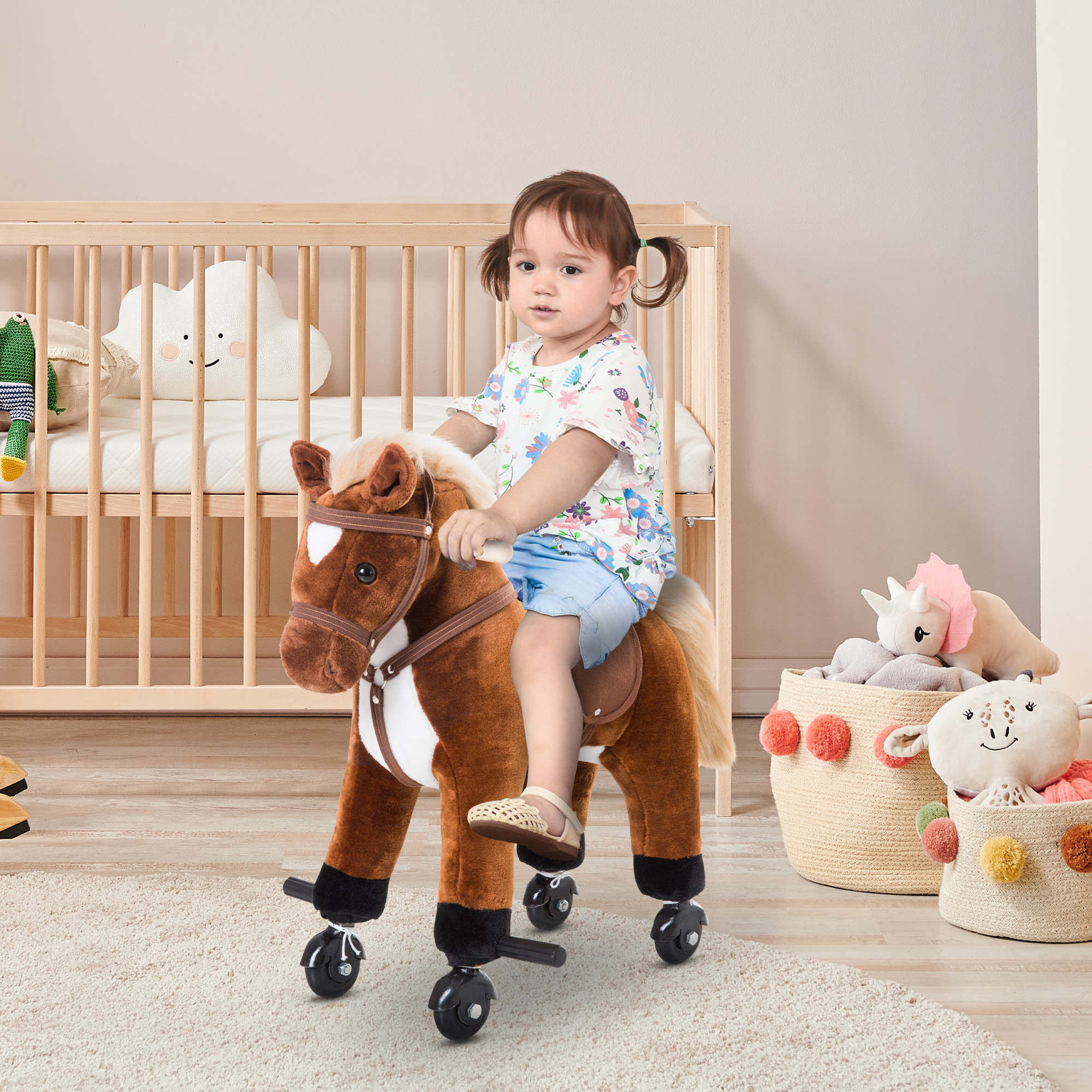 HOMCOM Jouet cheval pour enfant de +36 mois avec 4 roulettes, effet ...
