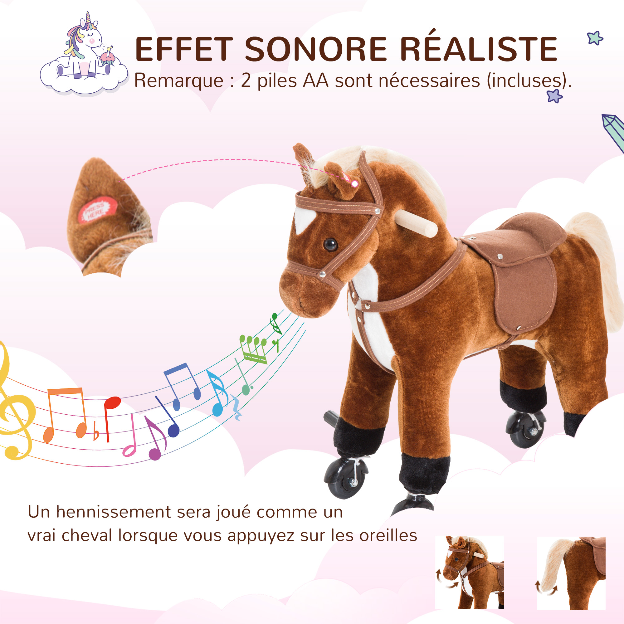 HOMCOM Jouet cheval pour enfant de +36 mois avec 4 roulettes, effet ...