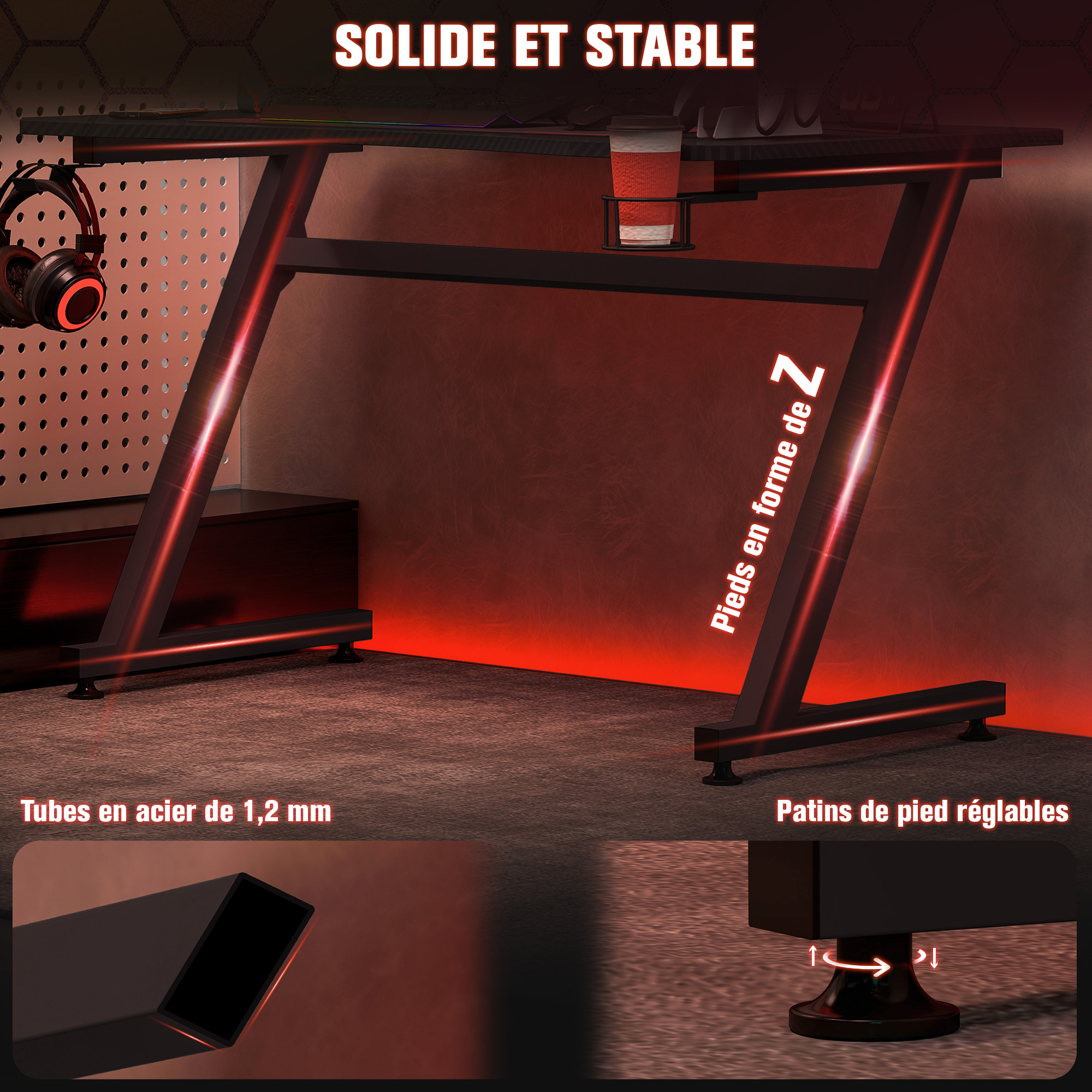 HOMCOM Bureau gaming avec support casque porte-gobelet passe-câbles ...
