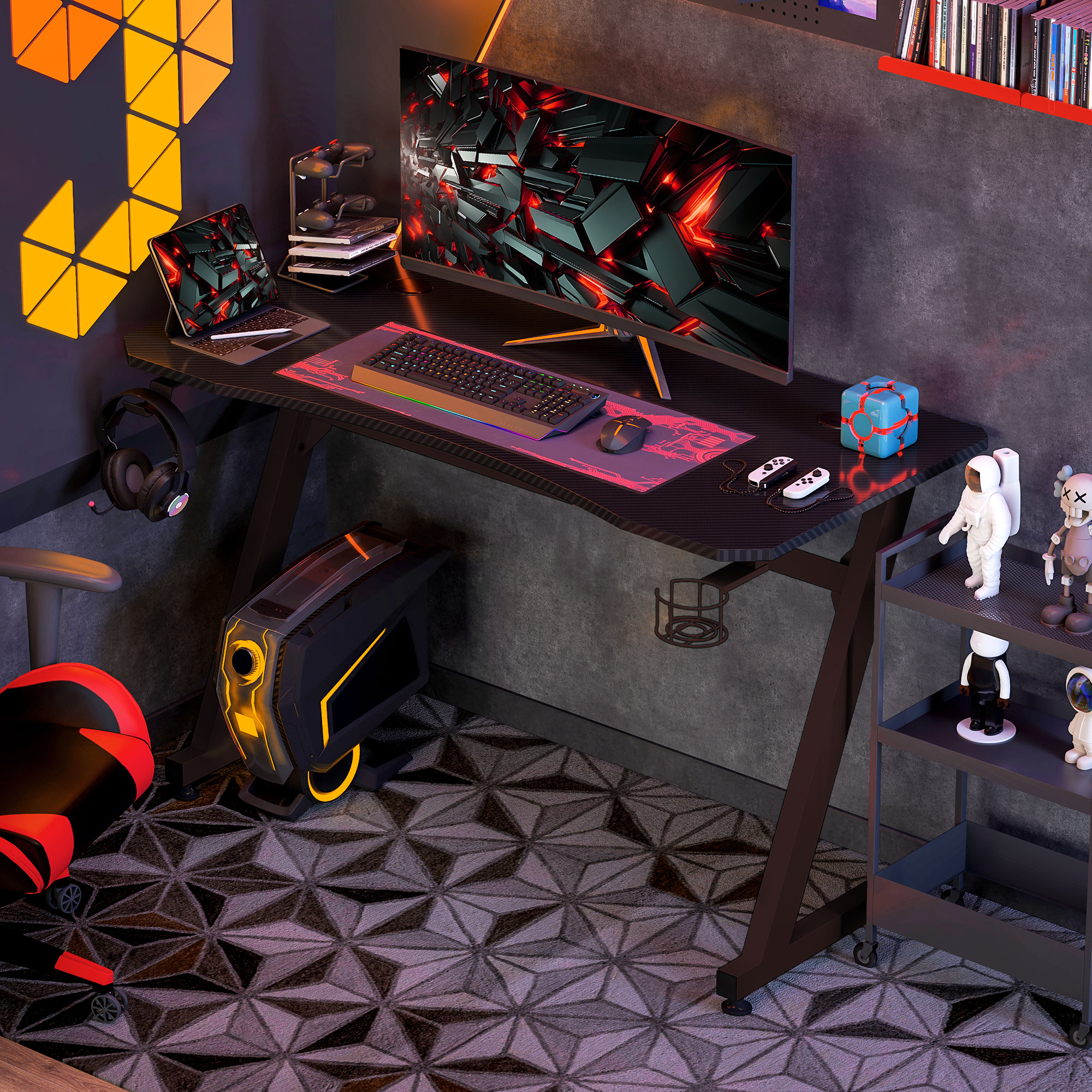 HOMCOM Bureau gaming avec support casque porte-gobelet passe-câbles ...