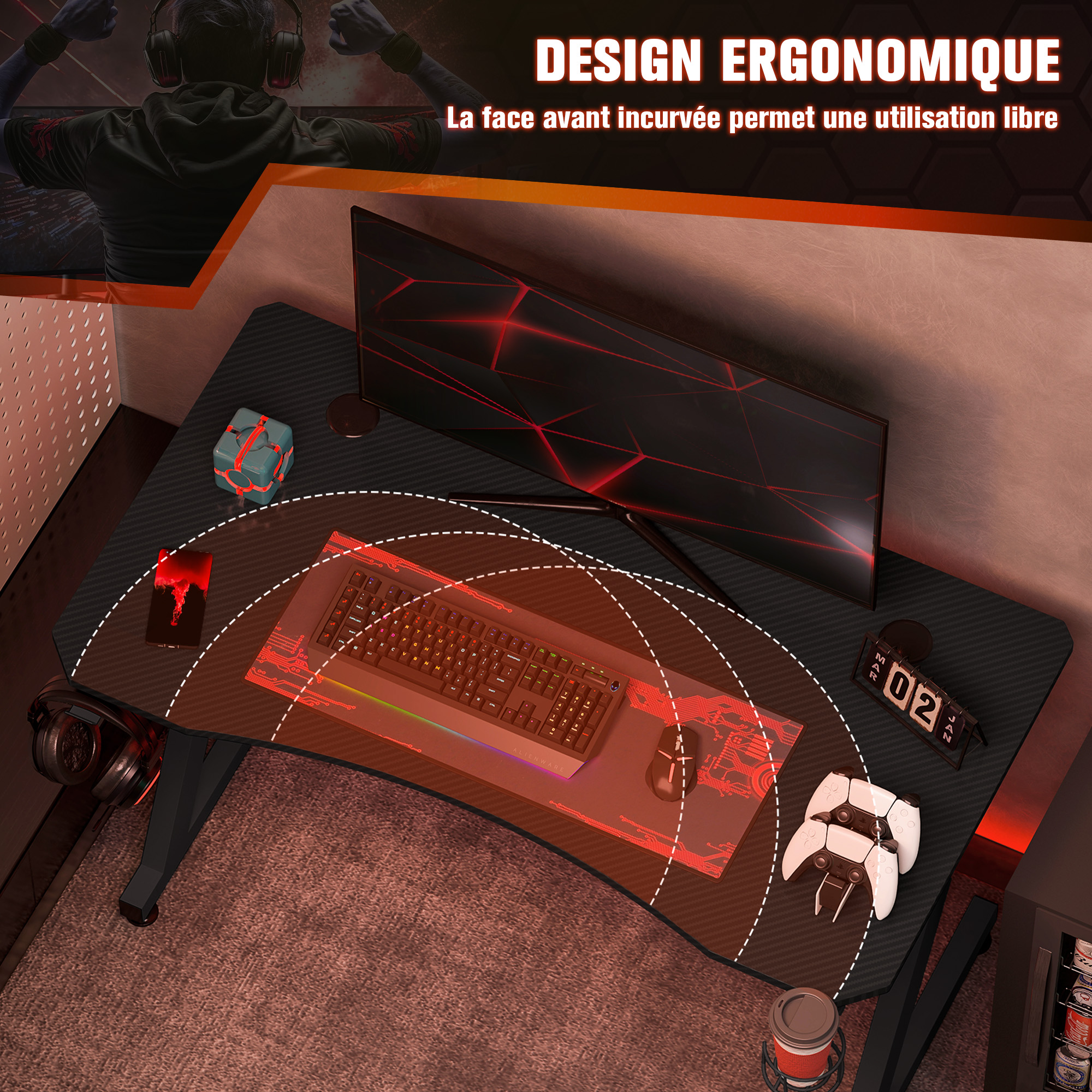 HOMCOM Bureau gaming avec support casque porte-gobelet passe-câbles ...