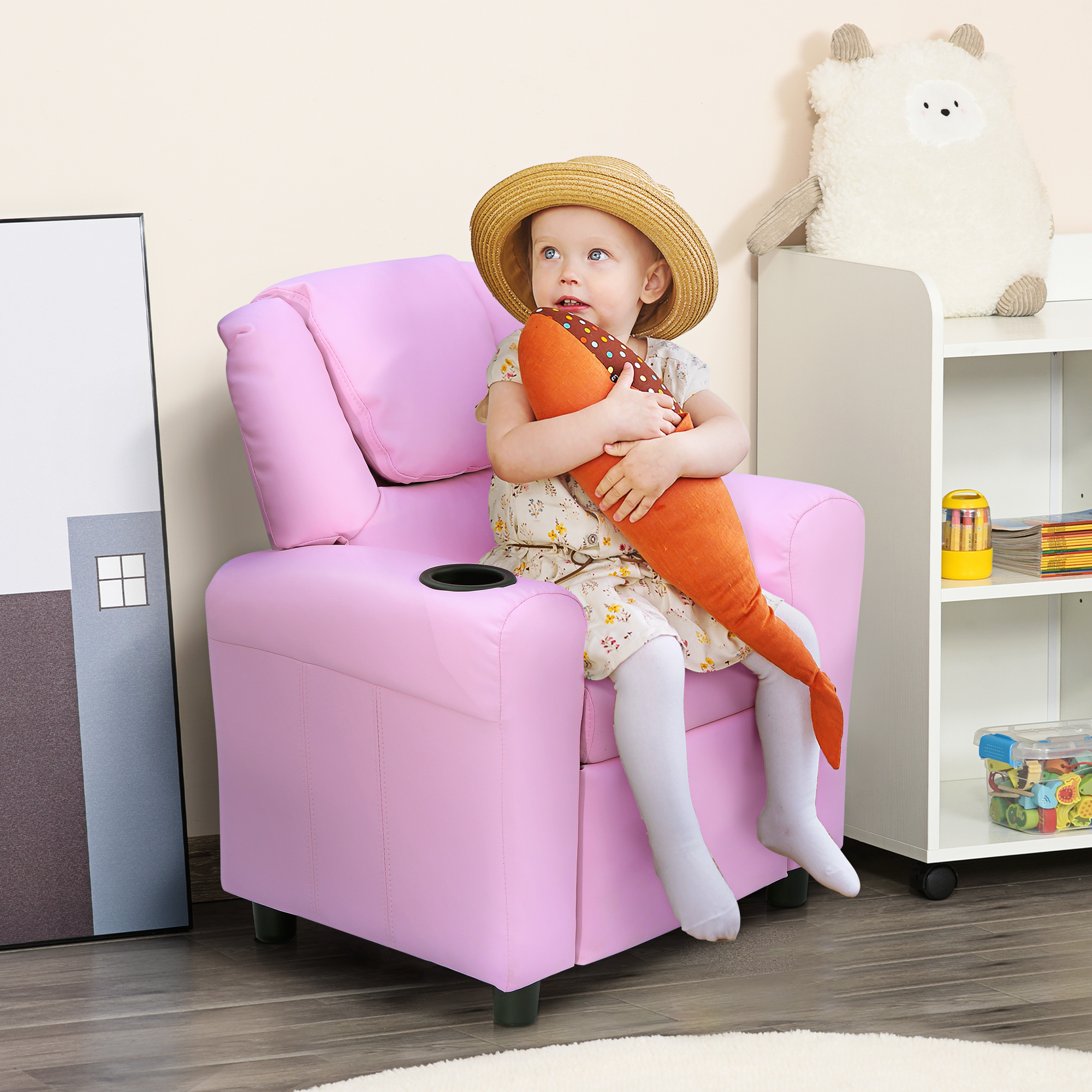 HOMCOM Children Recliner Armchair PU Leather Lounger Games Chair Sofa Seat W Cup Holder Pink Aosom UK
