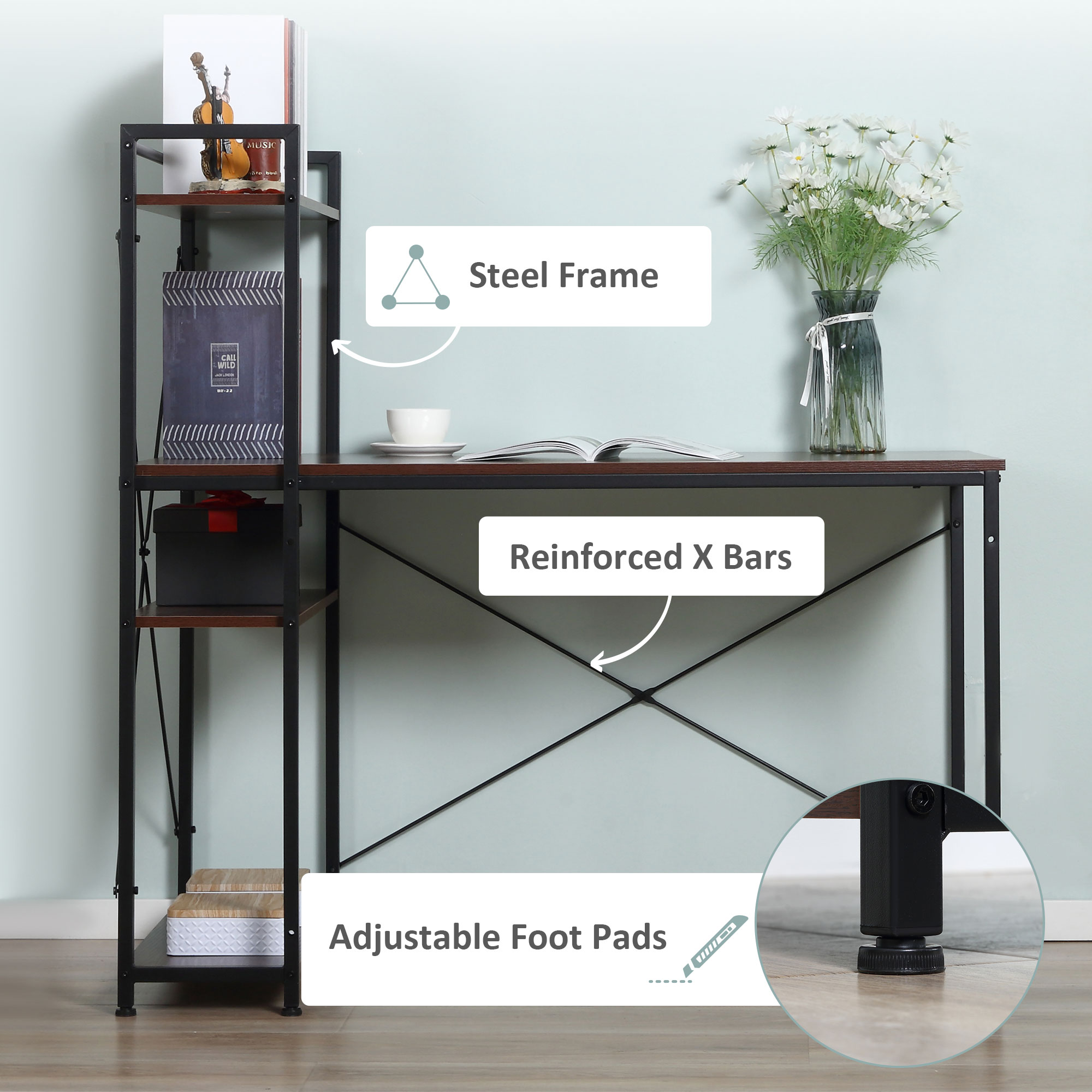 HOMCOM Computer Workstation, Metal Frame-Walnut/ Black | Aosom UK
