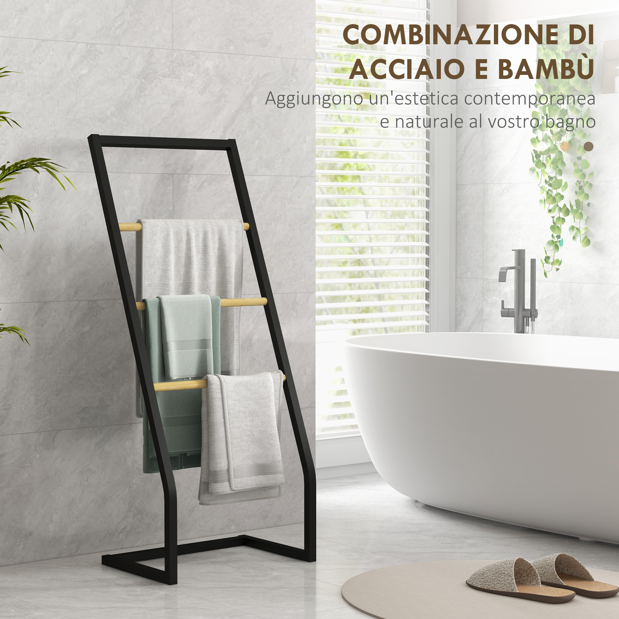 HOMCOM Portasciugamani a 4 Sbarre in Acciaio e Bambù 40.5x28x98cm ...