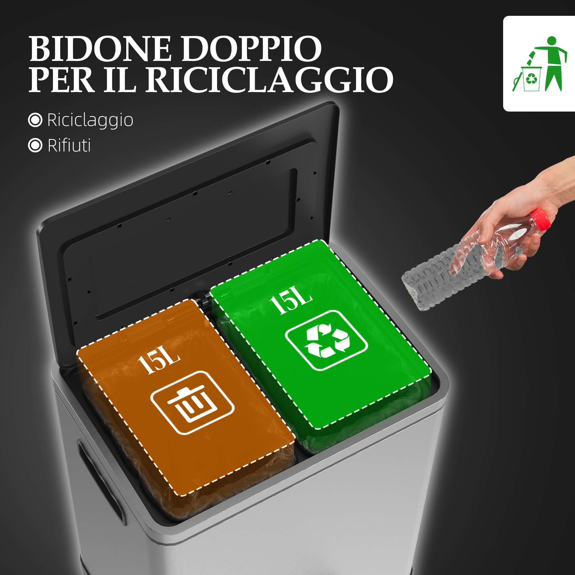 HOMCOM Bidone Immondizia a 2 Sezioni da 15L 40x34.8x47.5 cm | Aosom Italy