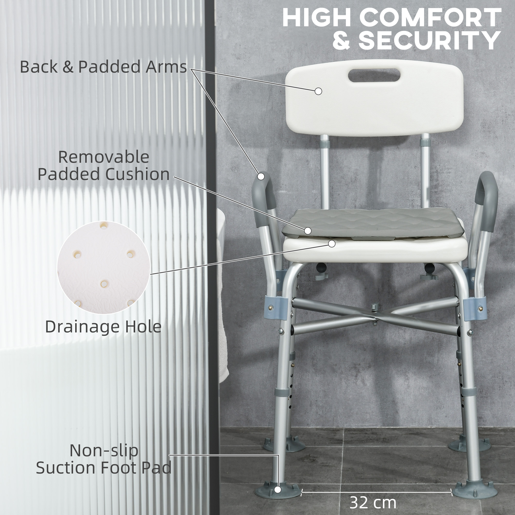 HOMCOM Aluminium Shower Chair with Backs and Arms, Height Adjustable ...
