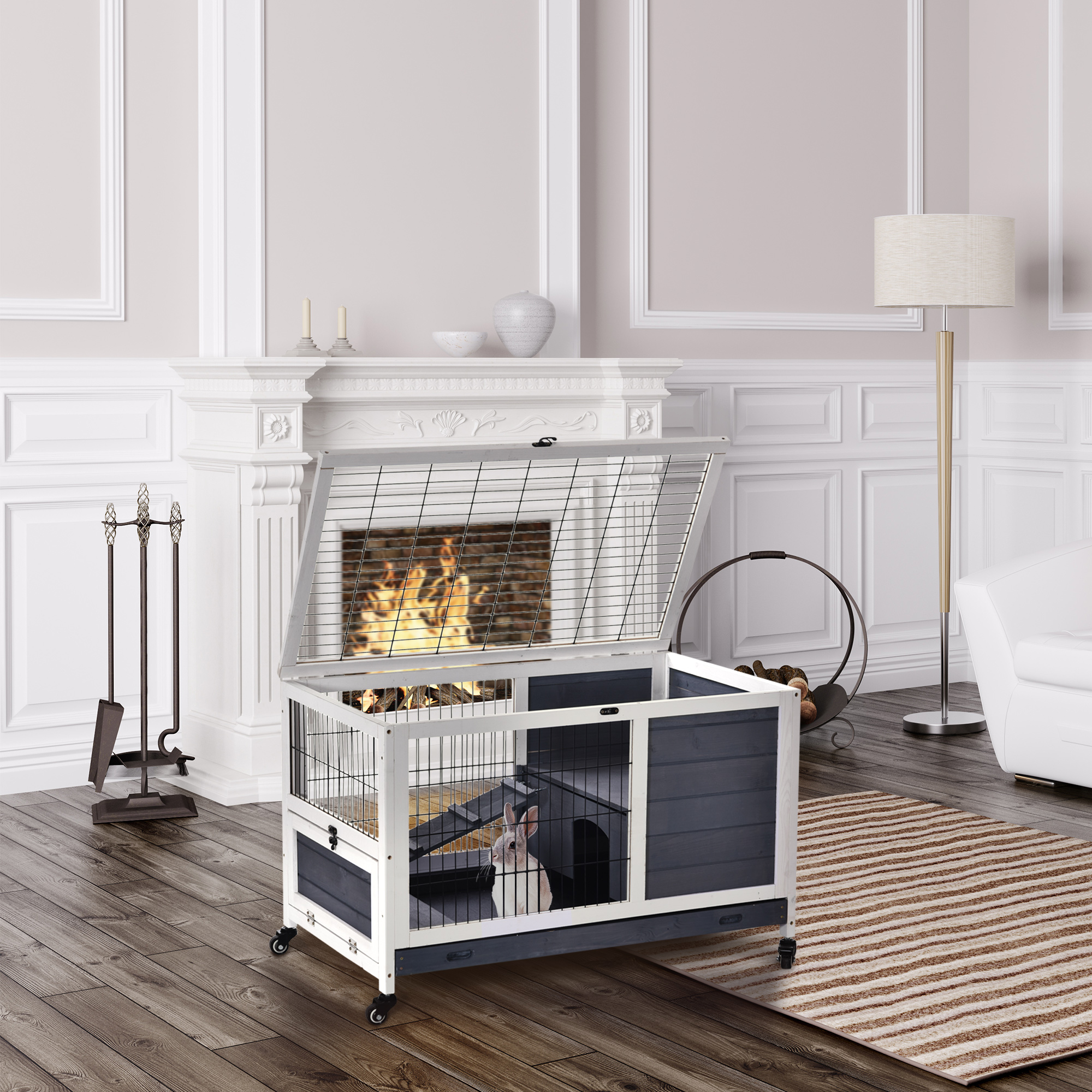 PawHut Rabbits Indoor Fir Wood Lift-Top Hutch Grey | Aosom UK