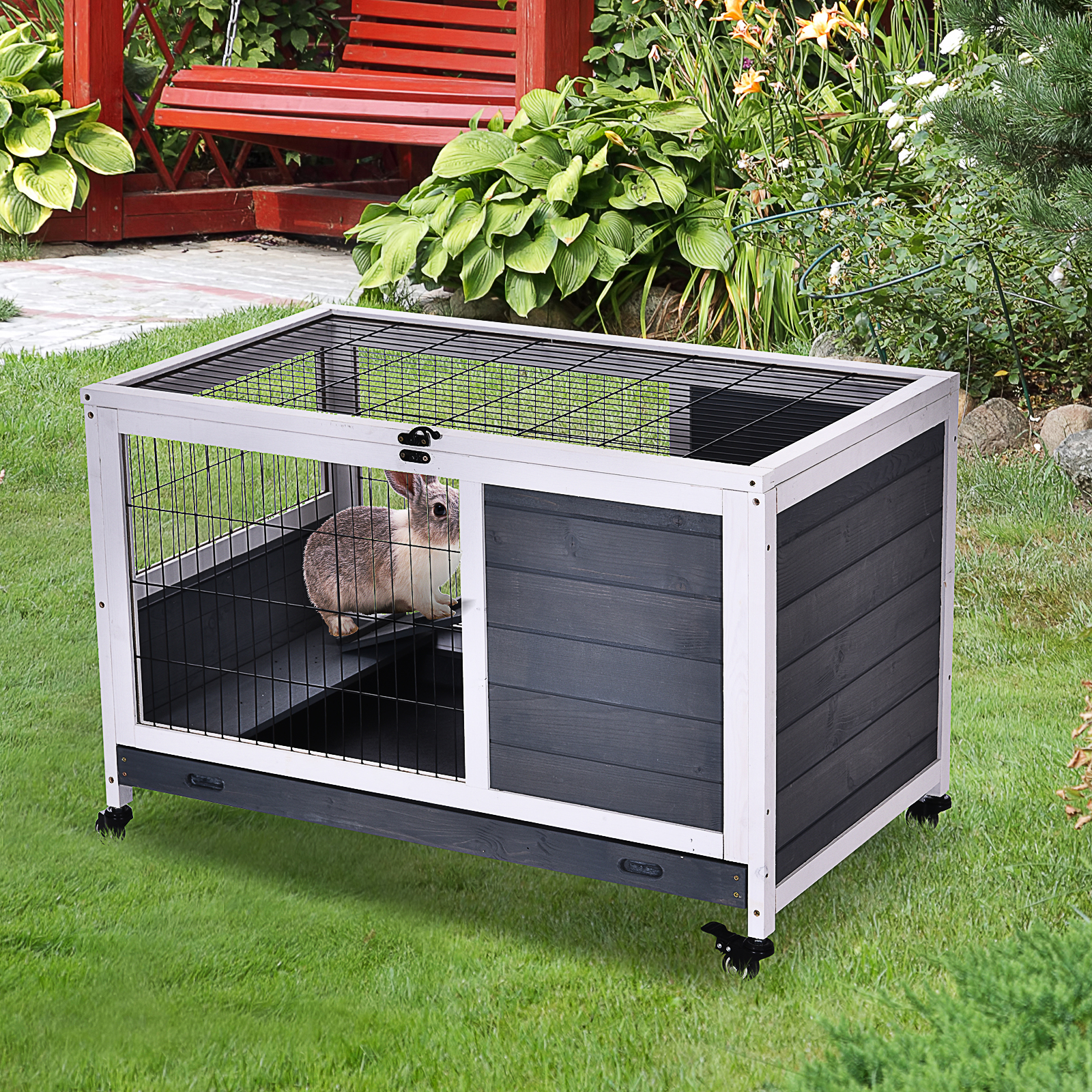 PawHut Rabbits Indoor Fir Wood Lift-Top Hutch Grey | Aosom UK