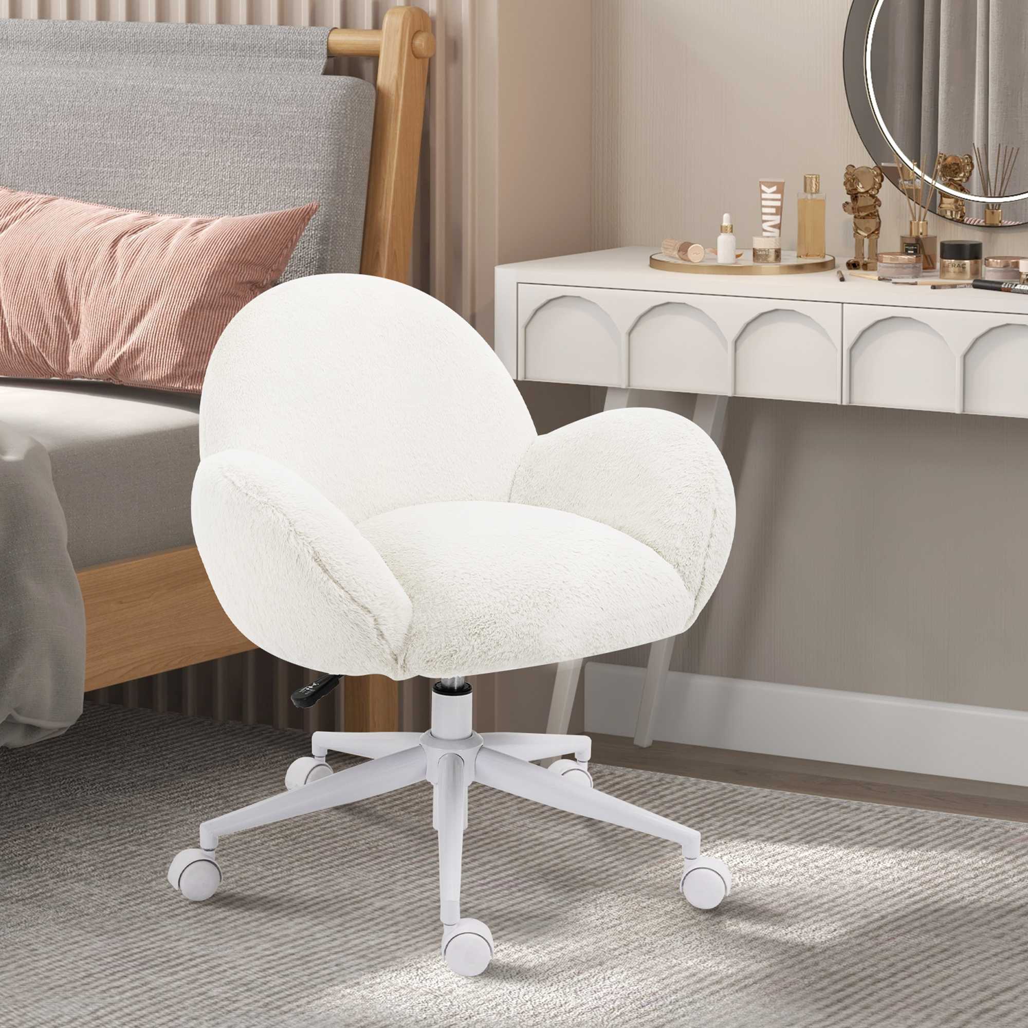 HOMCOM Makeup Vanity Chair Cute Fluffy Desk Chair with Rolling Wheels for Bedroom Living Room Cream White Aosom UK