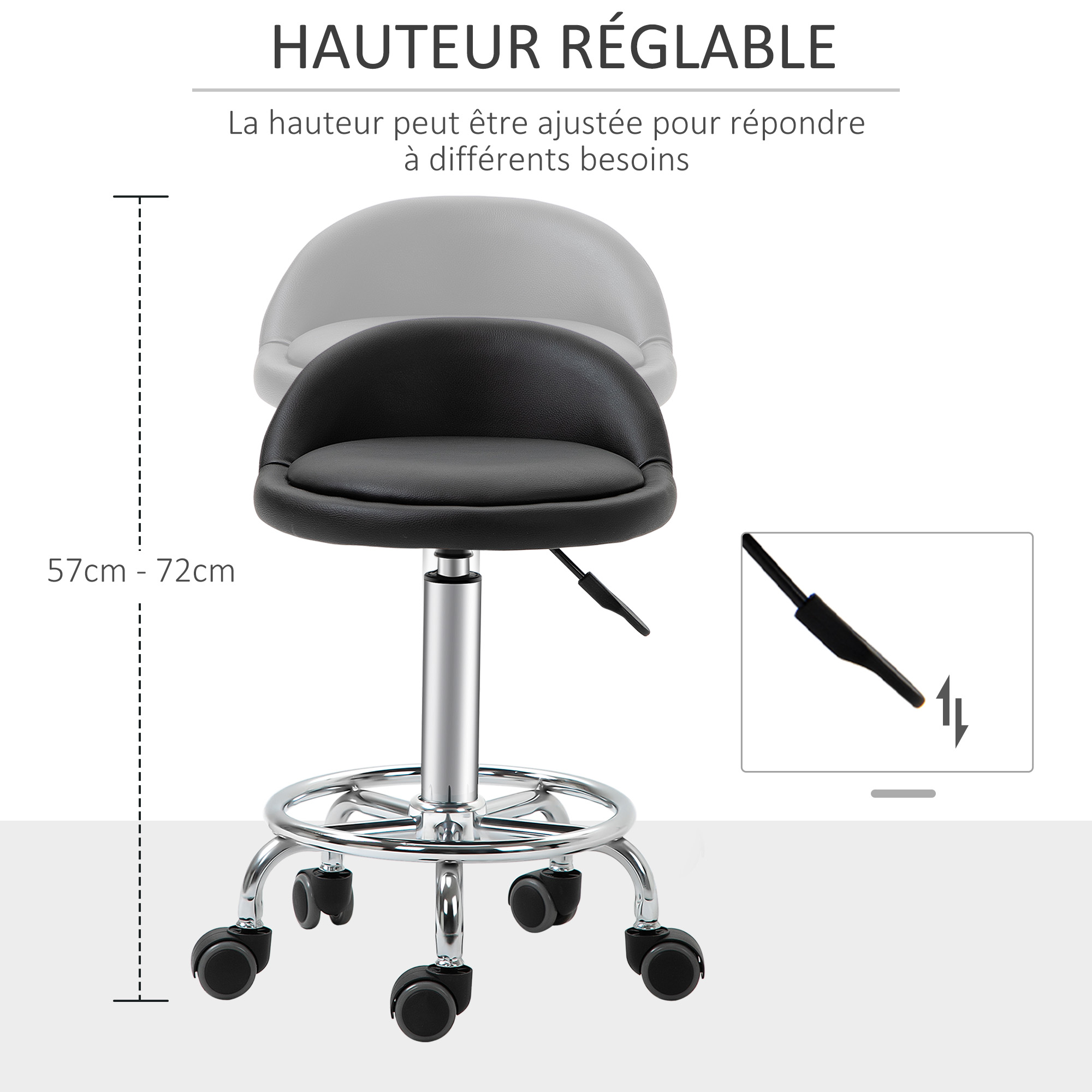 HOMCOM Lot de 2 tabouret à roulette pivotant 360°, assise réglable 47 ...
