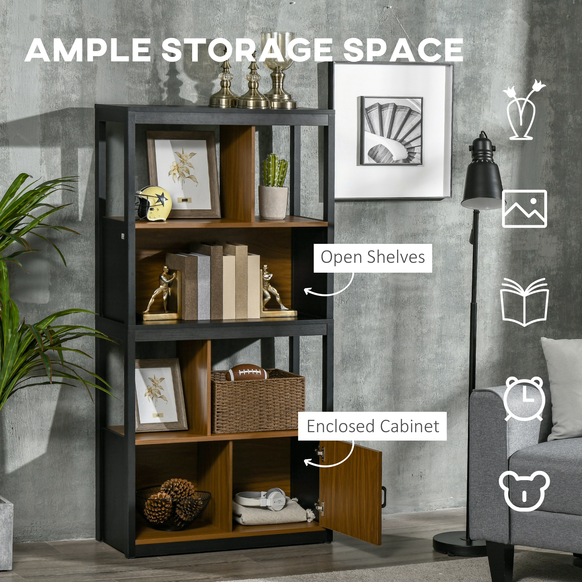 HOMCOM Modern 4 Tier Bookshelf with Storage Shelving and Closed Cabinet Walnut Brown Aosom UK