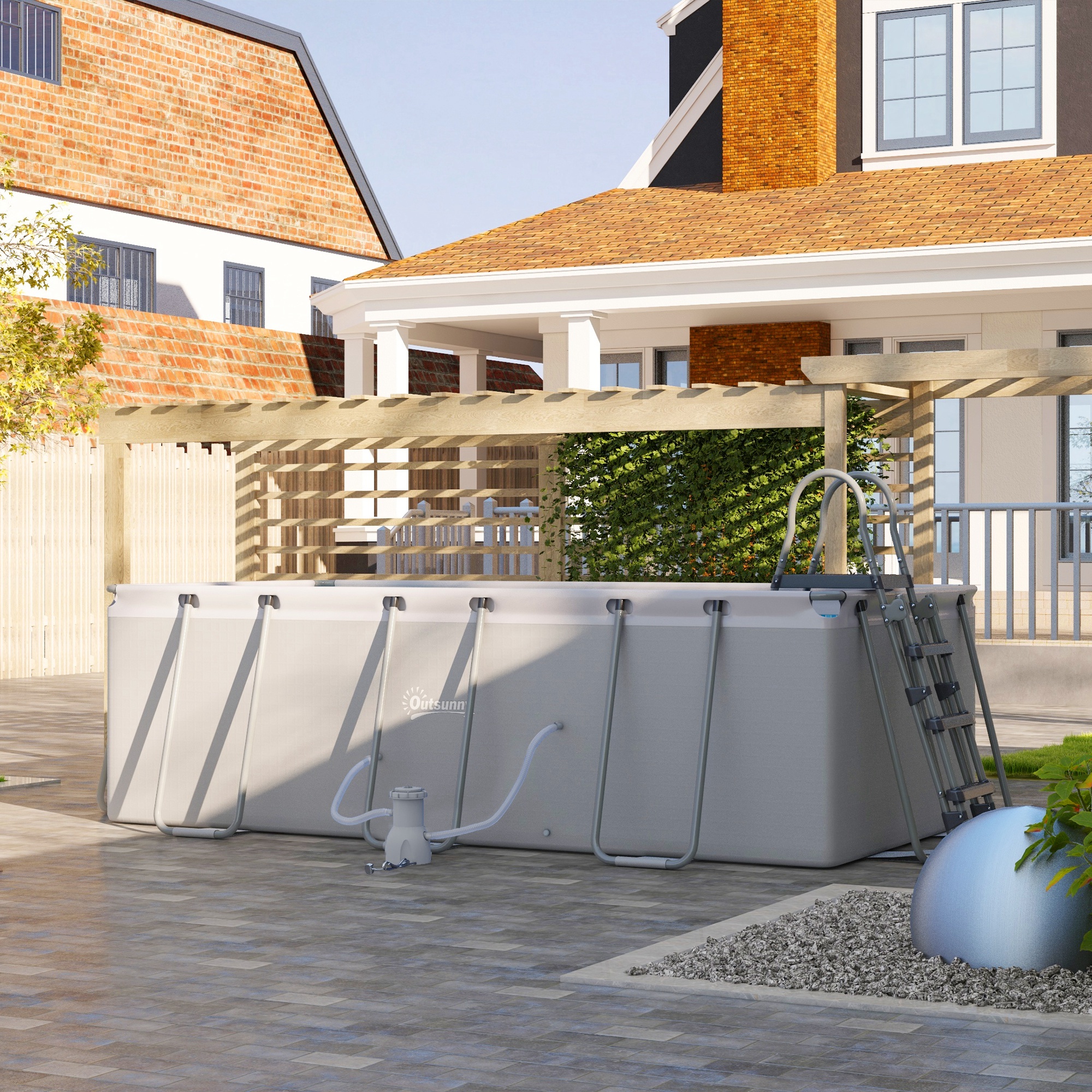 Outsunny Rectangle Steel Frame Swimming Pool with Ladder and Pump ...