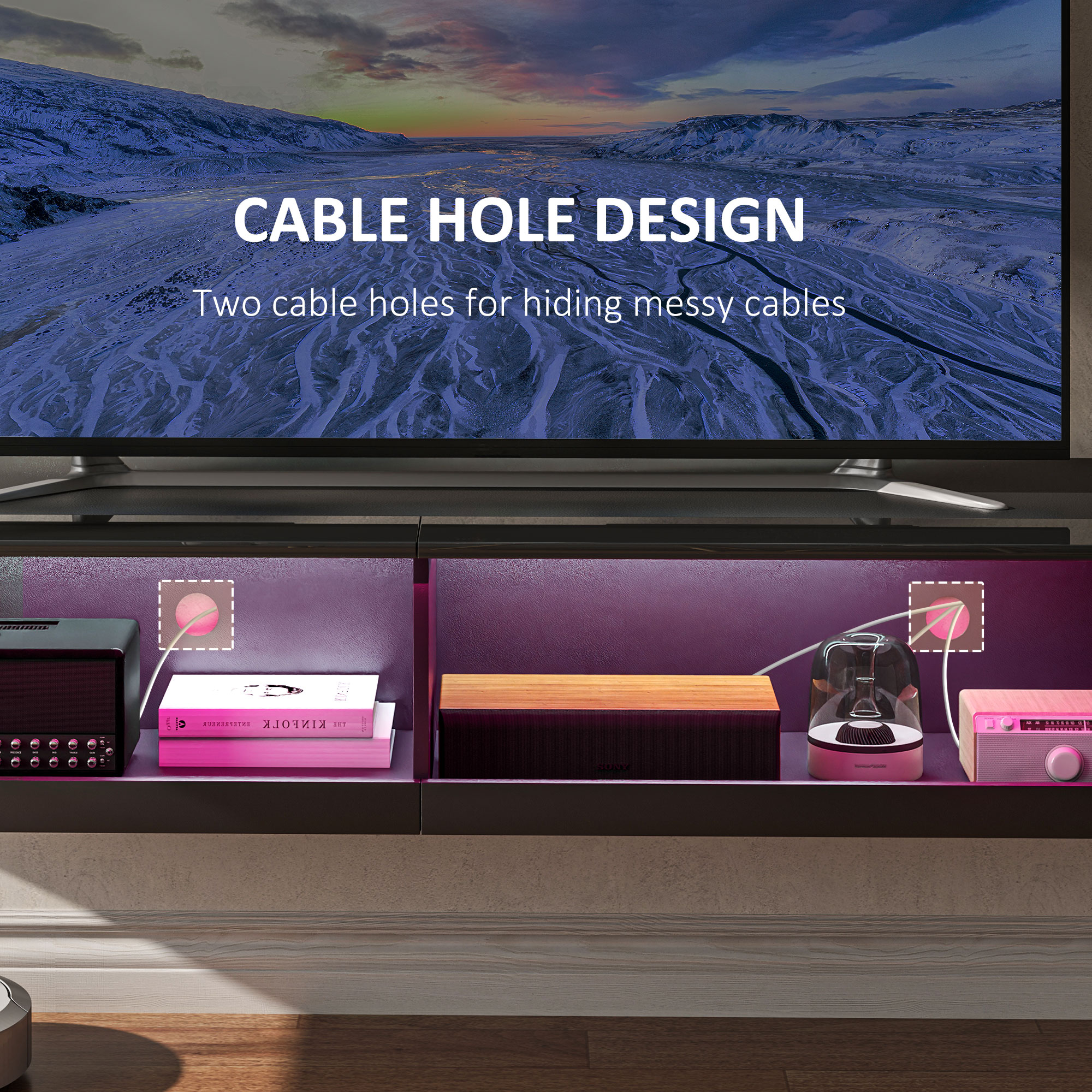 HOMCOM Floating TV Unit Wall Mounted TV Cabinet, High Gloss Media Wall ...