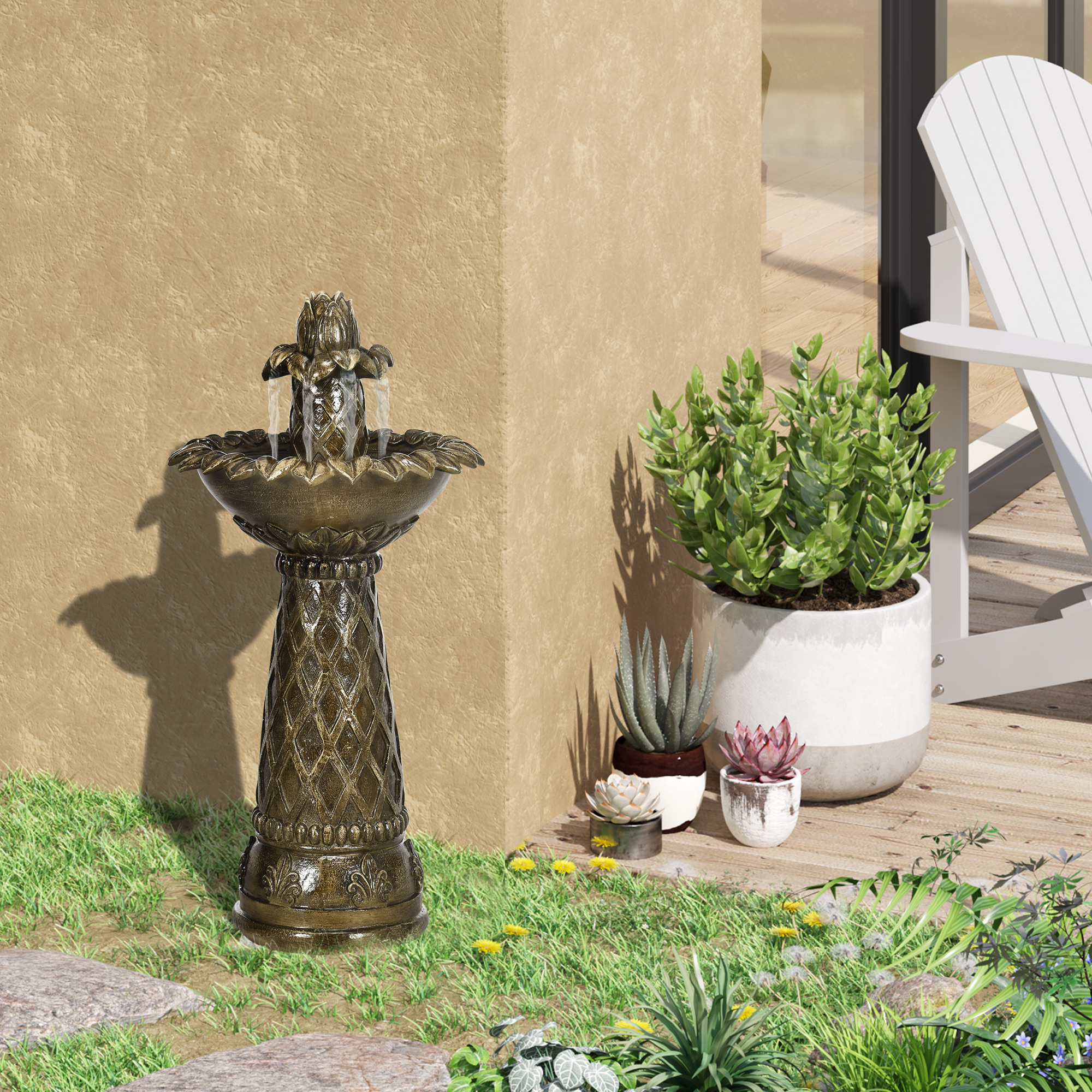 Outsunny 2-Tier Outdoor Waterfall Fountain, Freestanding Self-Contained ...