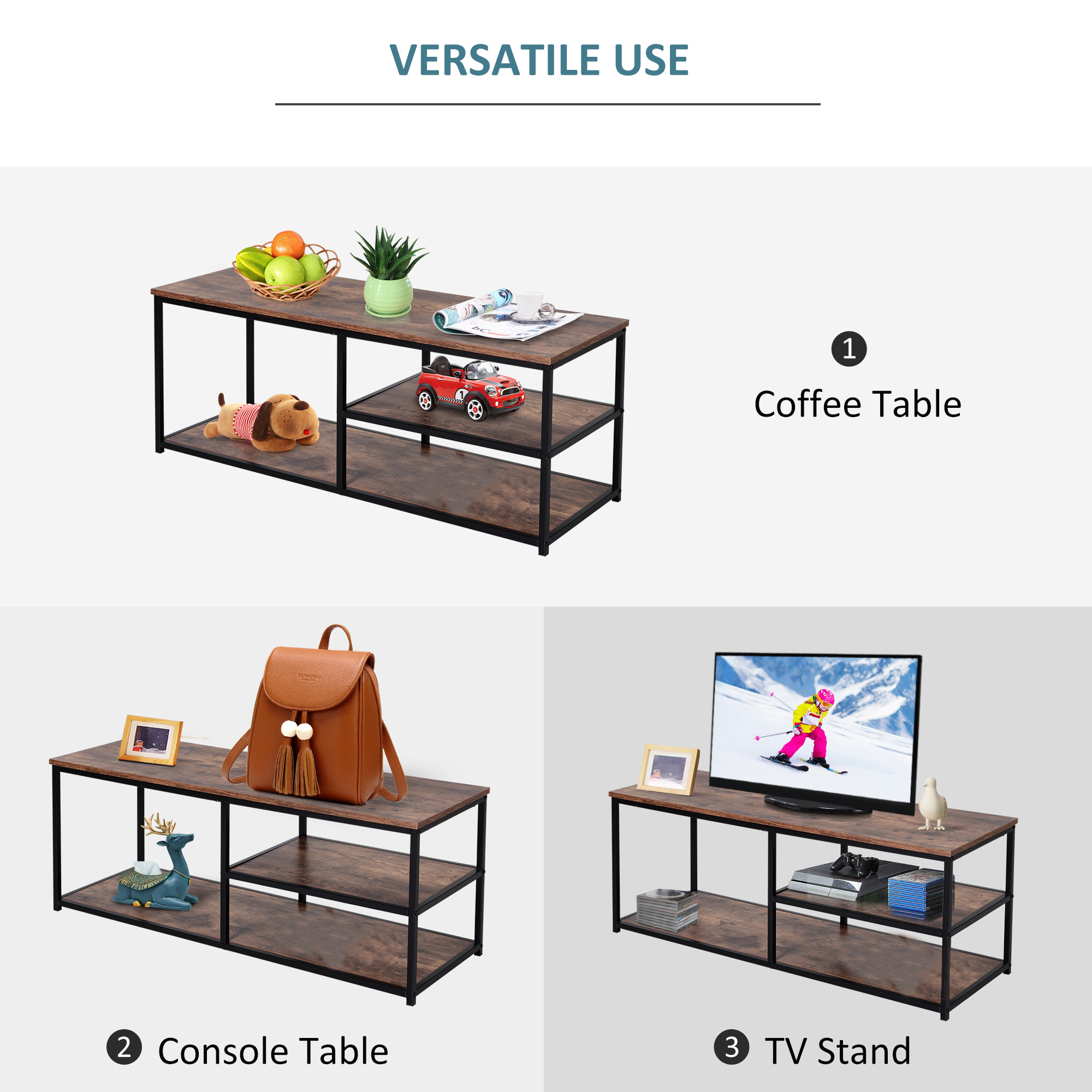 HOMCOM Steel Frame Industrial Style TV Stand w/ Shelf Black/Brown ...