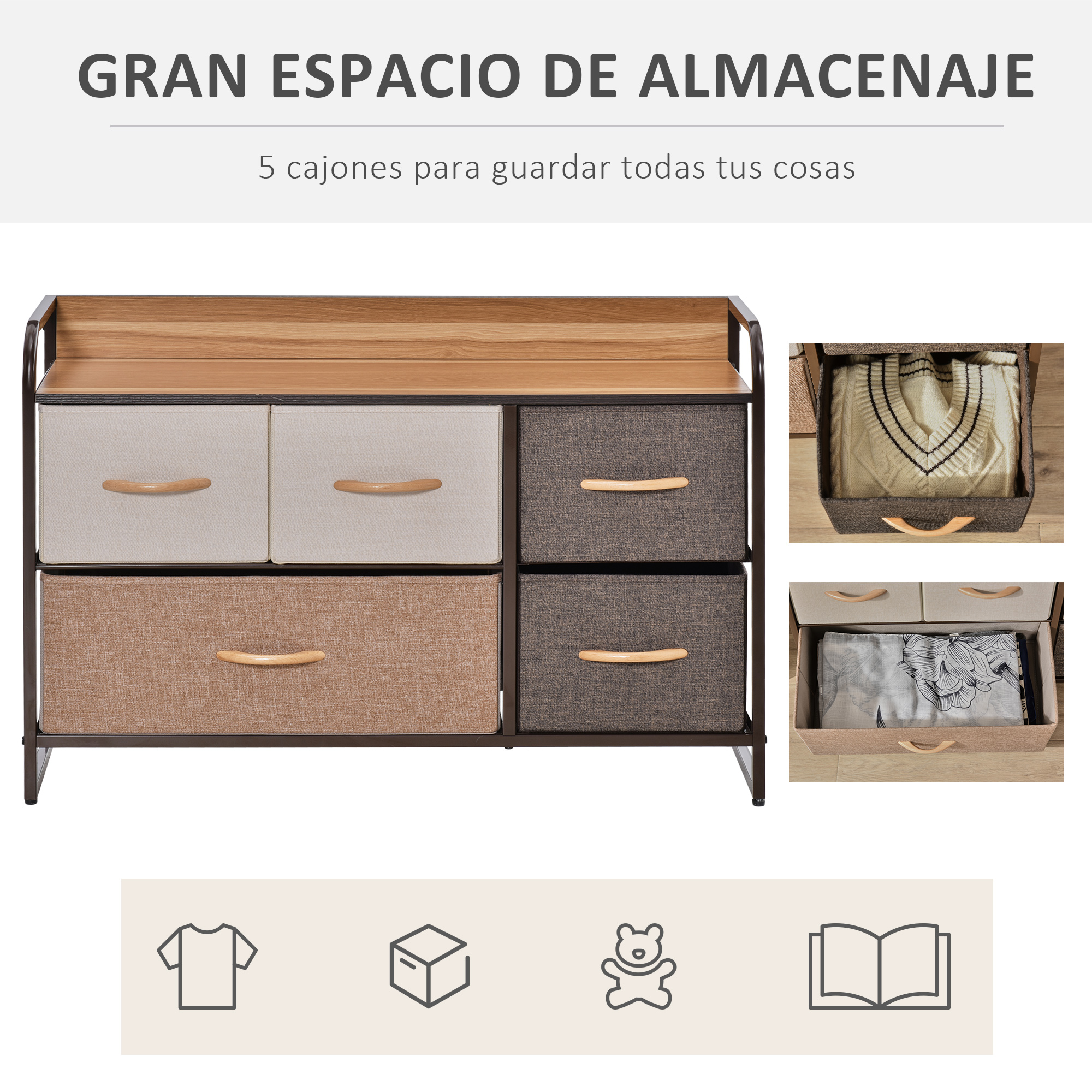 HOMCOM Cómoda de Tela con 5 Cajones Extraíbles y Plegables Cajonera ...