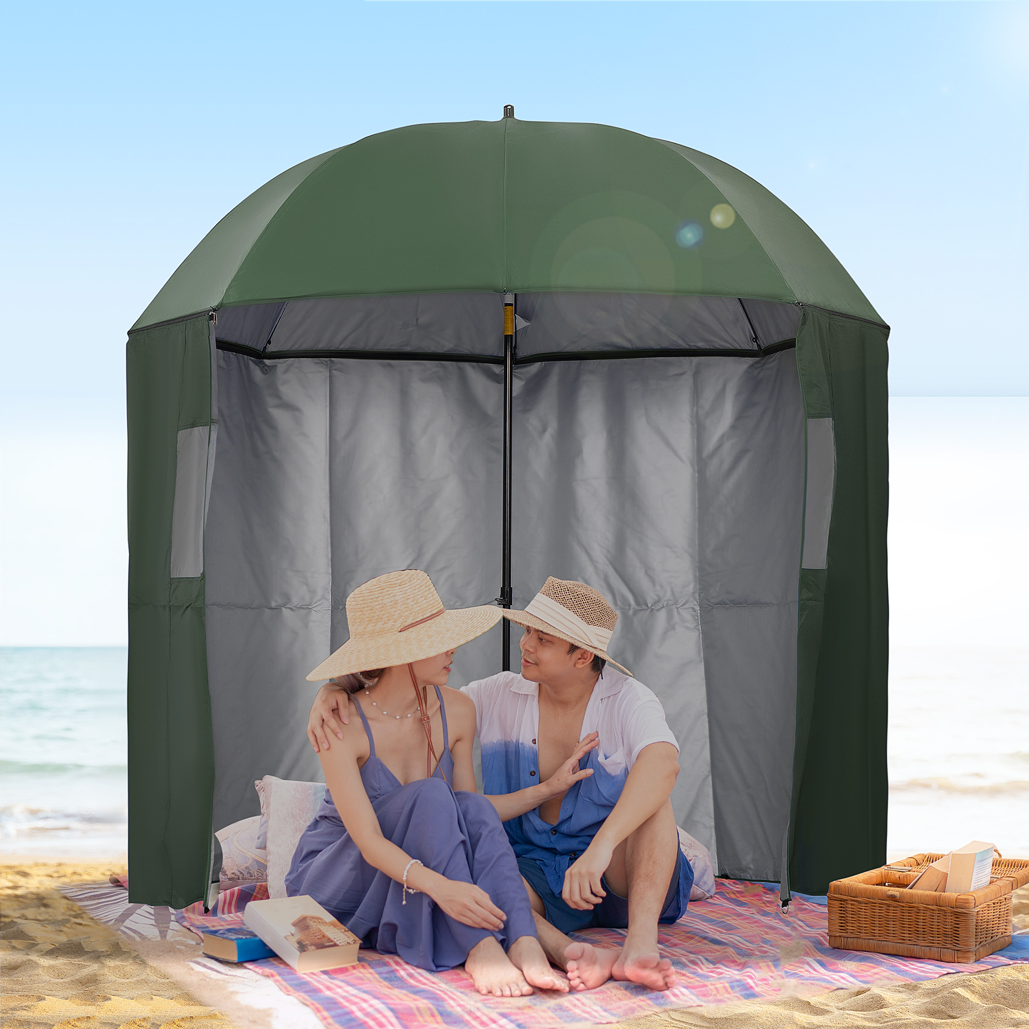 Outsunny 2m Beach Parasol Fishing Umbrella Brolly with Sides and Push ...