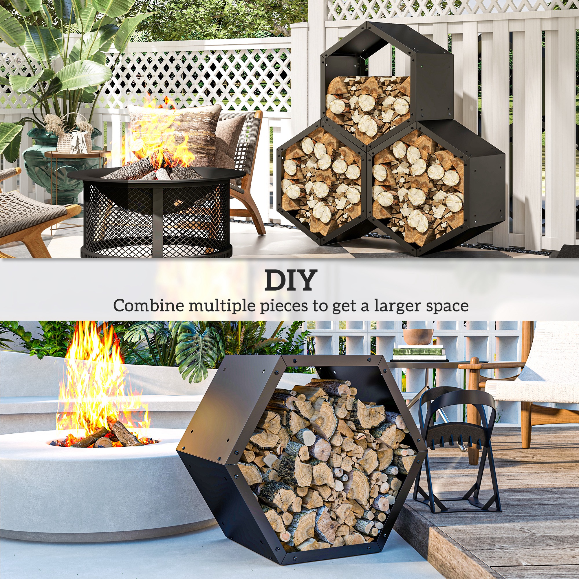 Outsunny Fireplace Log Rack, Steel Firewood Log Holder, 3 Hexagon Boxes ...