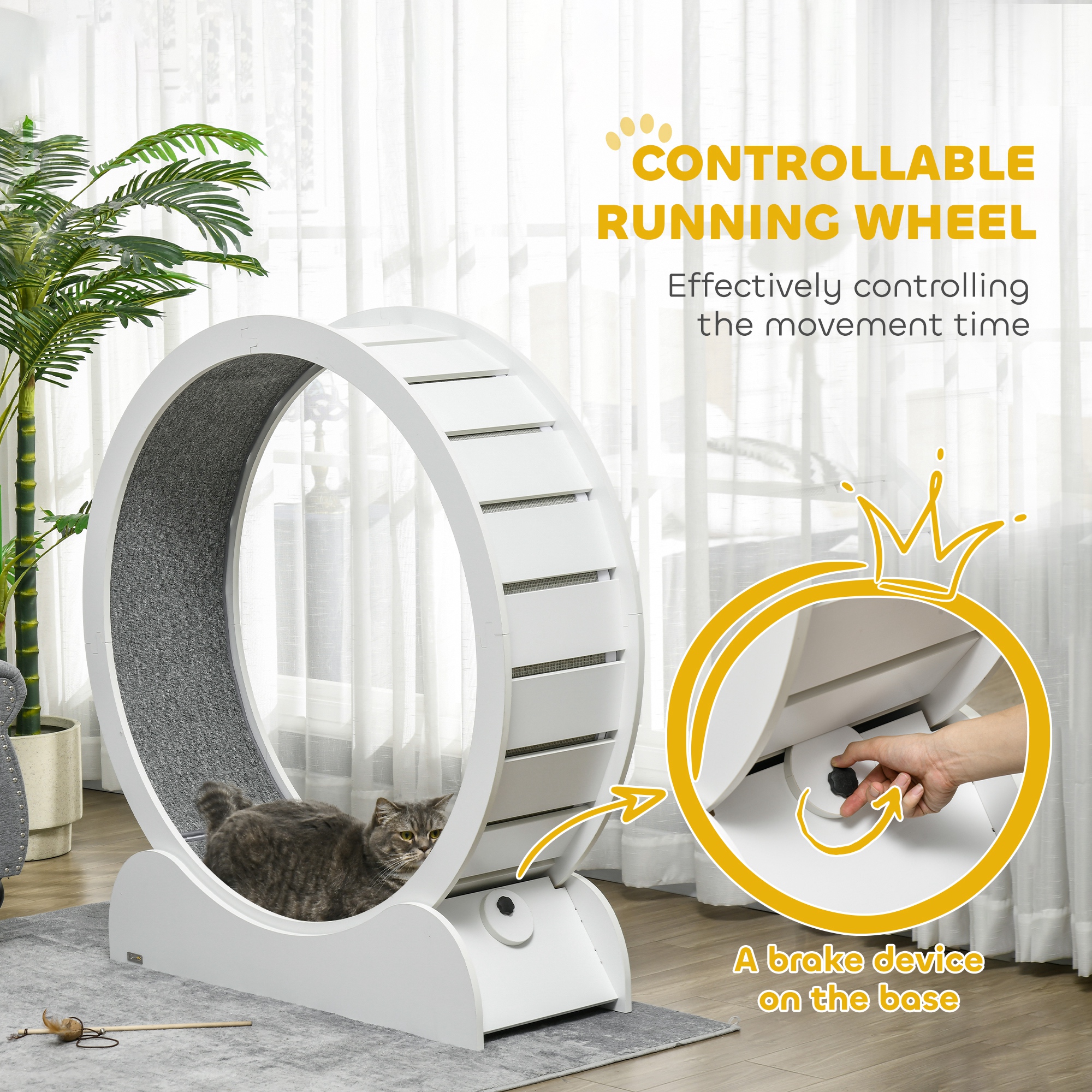 PawHut 39.4" Wooden Cat Running Wheel with Brake, White | Aosom UK