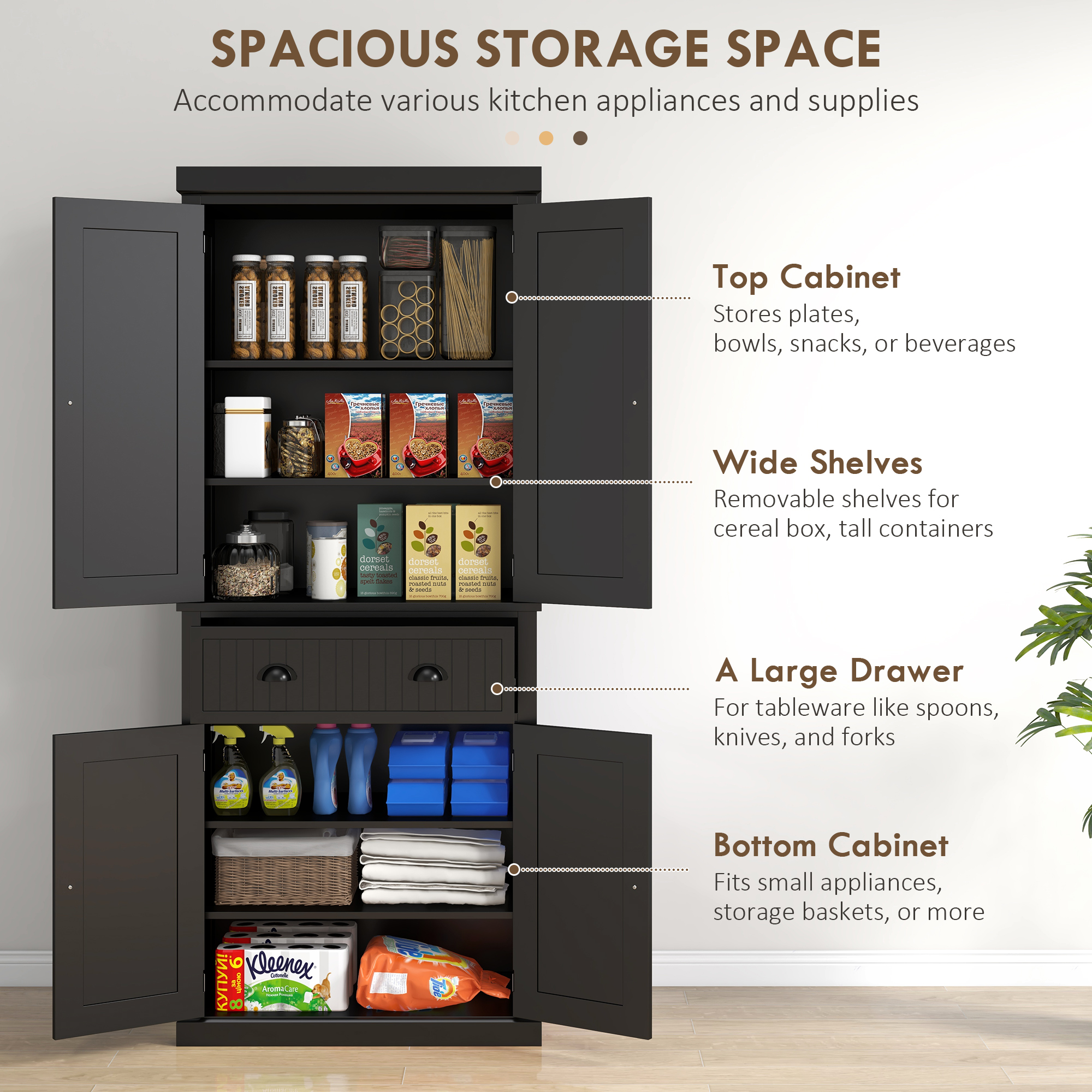 Homcom traditional freestanding kitchen pantry cabinet cupboard with doors and shelves store