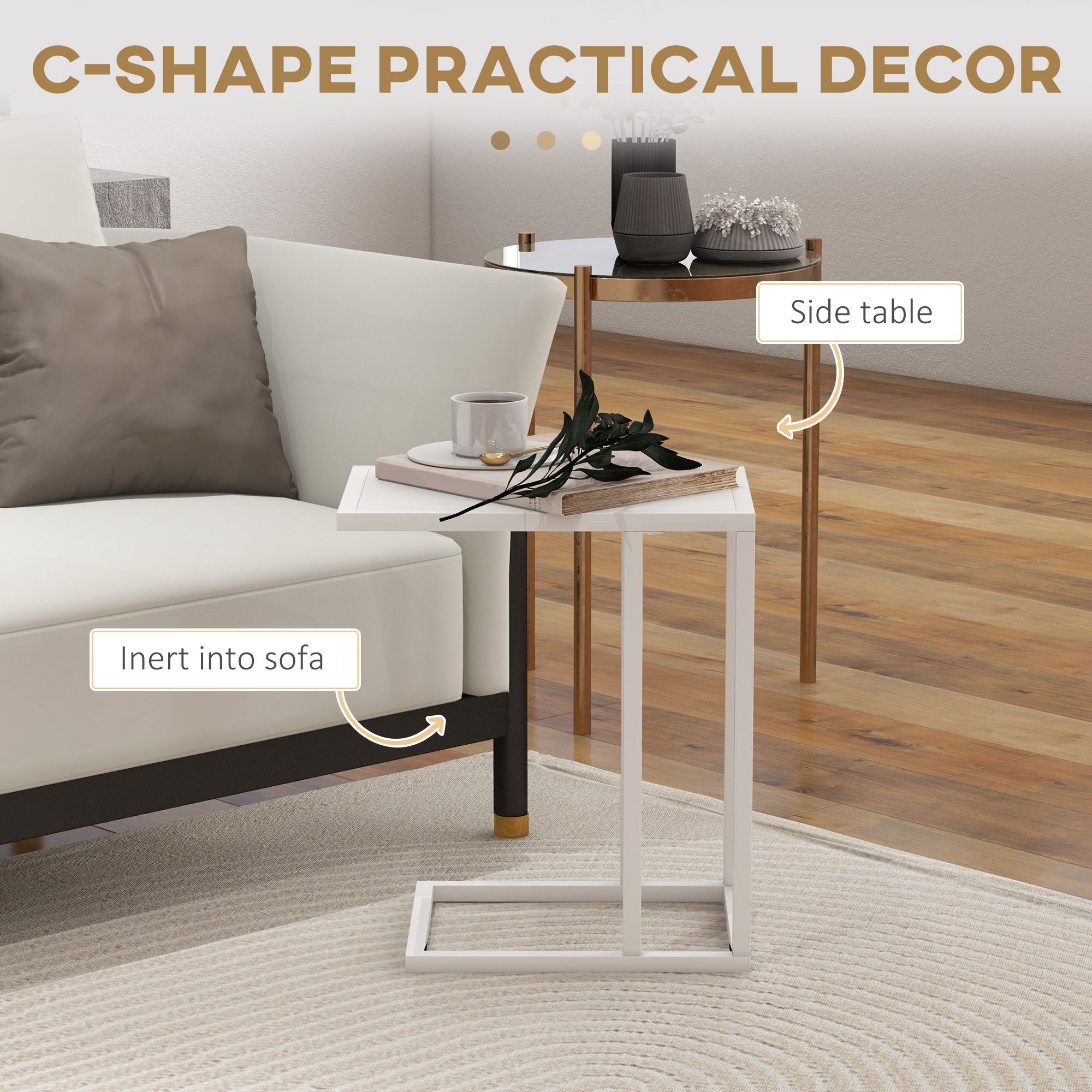 HOMCOM C Shape Bedside Table w/Metal Frame Wood-Effect Top Sofa Narrow ...