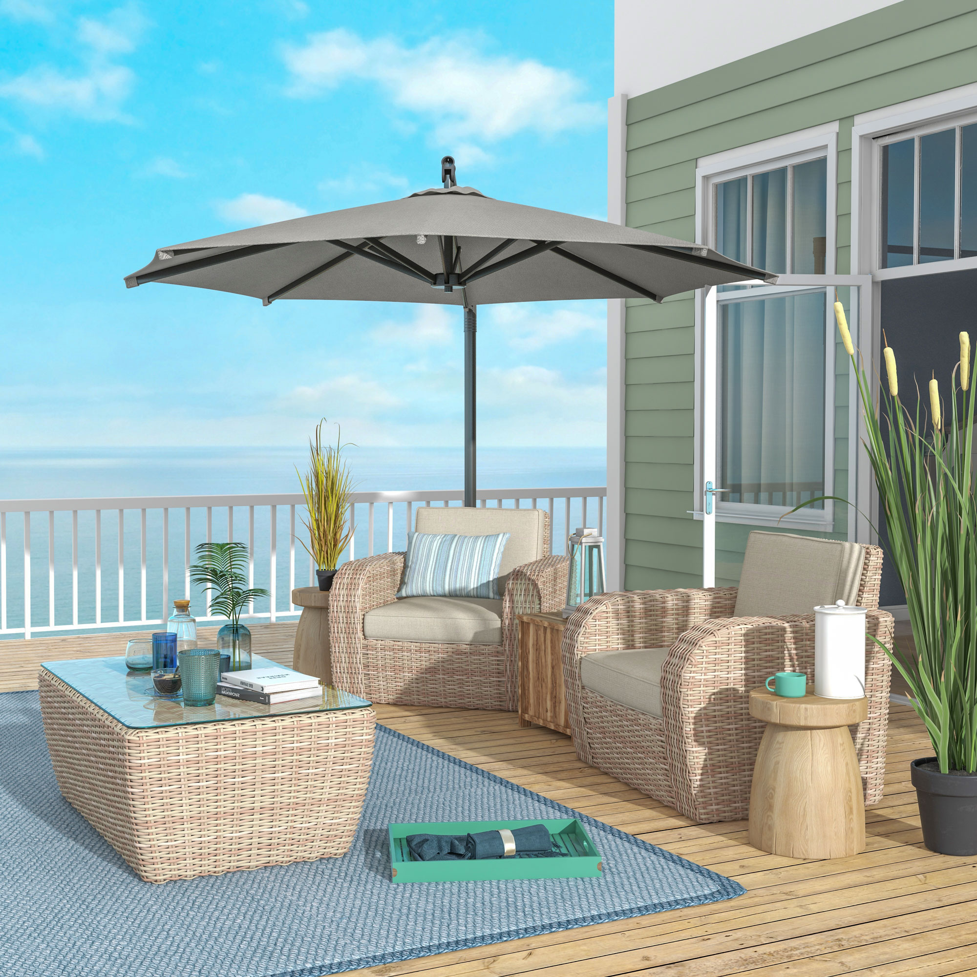Outsunny 3m Overhanging Parasol, with 360° Reotating Movement - Light ...