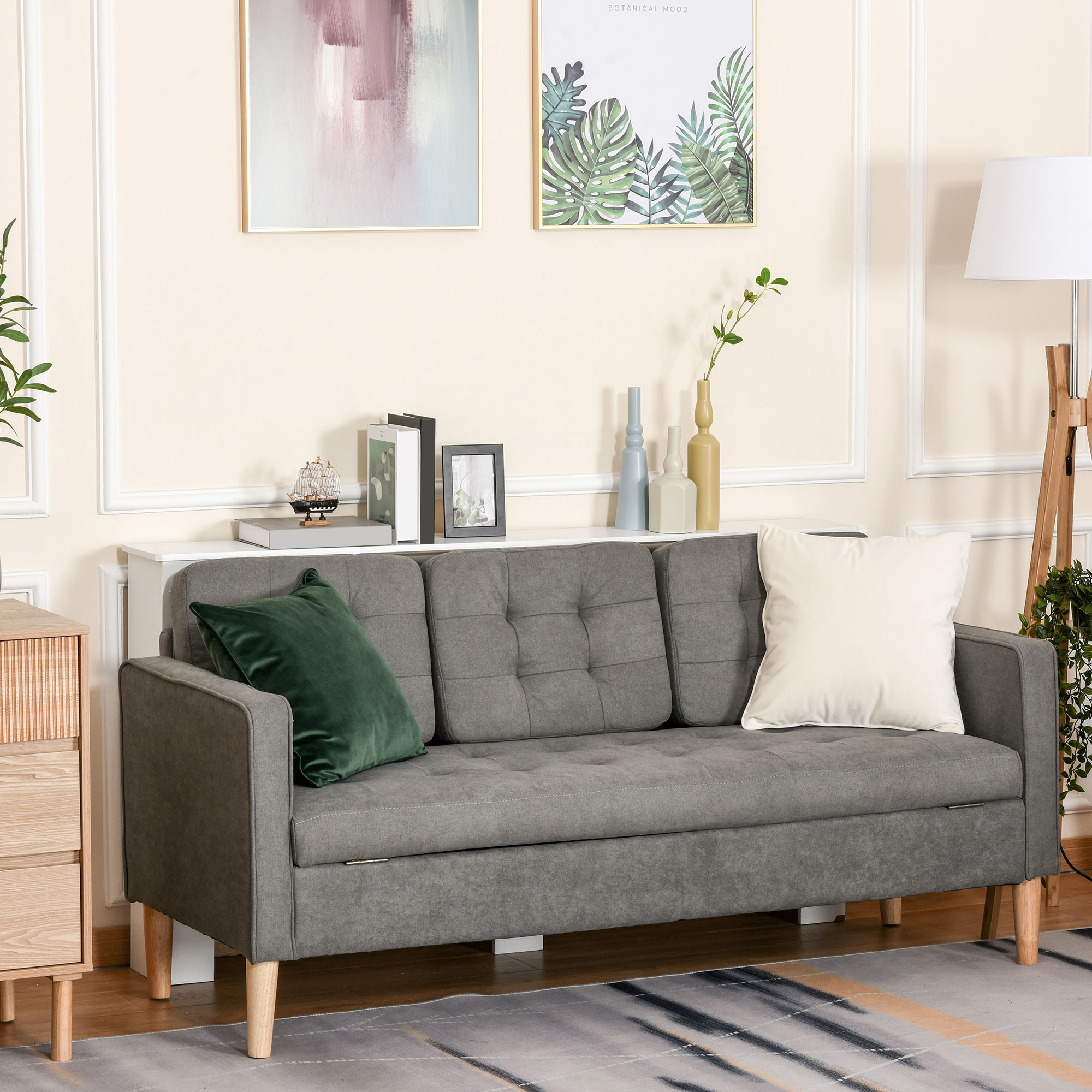 HOMCOM Modern 3-Seater Sofa Button-Tufted Fabric Couch with Hidden ...