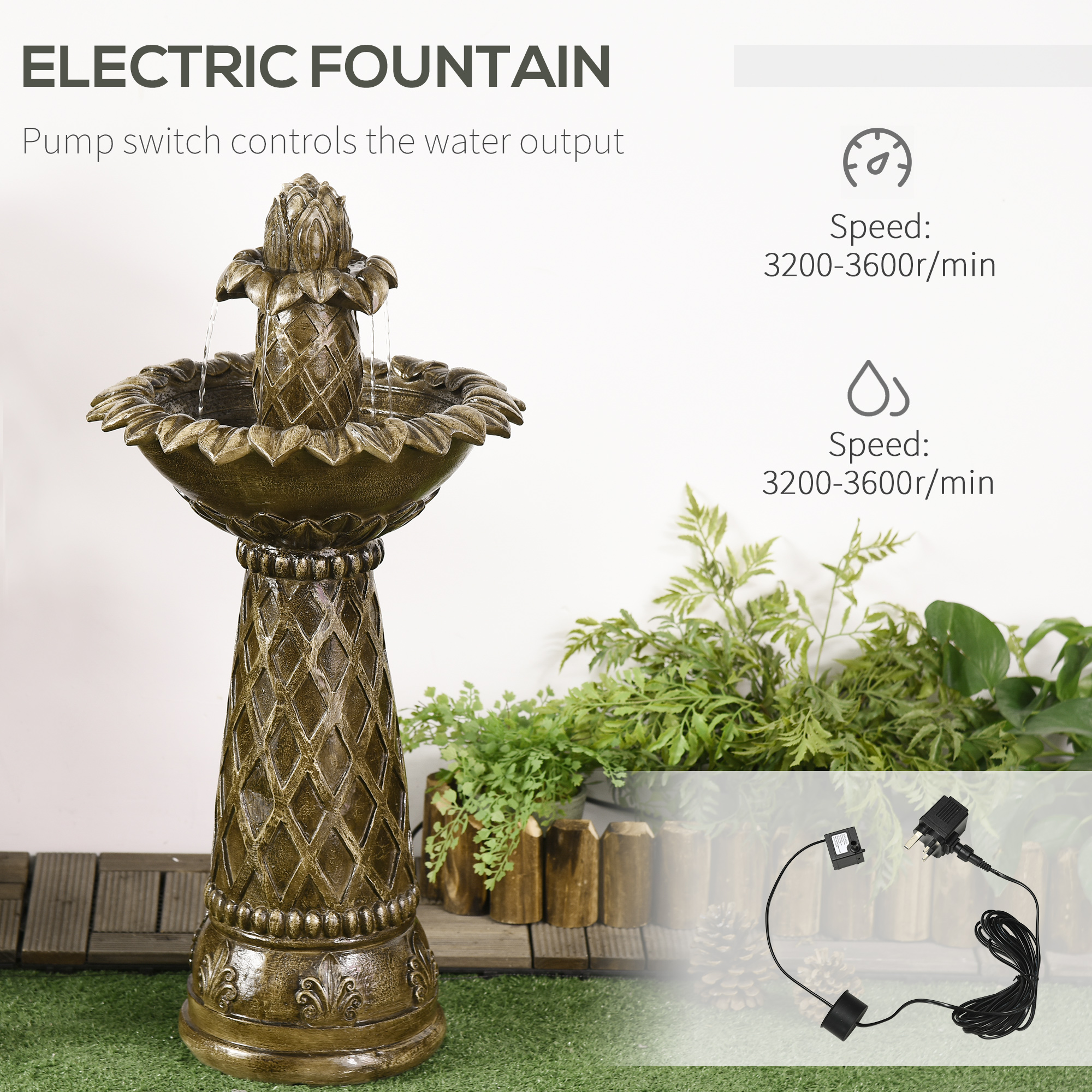 Outsunny 2-Tier Outdoor Waterfall Fountain, Freestanding Self-Contained ...