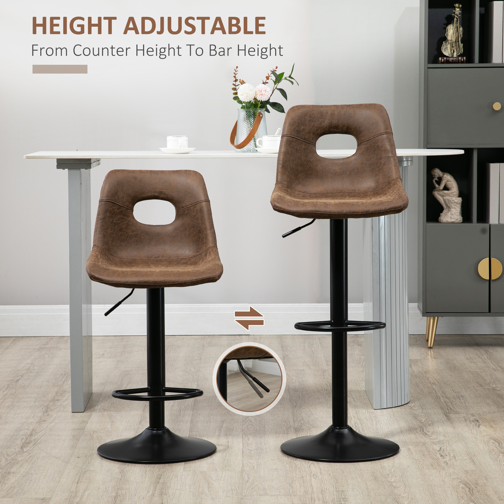 HOMCOM Bar Stools Set of 2, Adjustable Breakfast Dining Stools with ...
