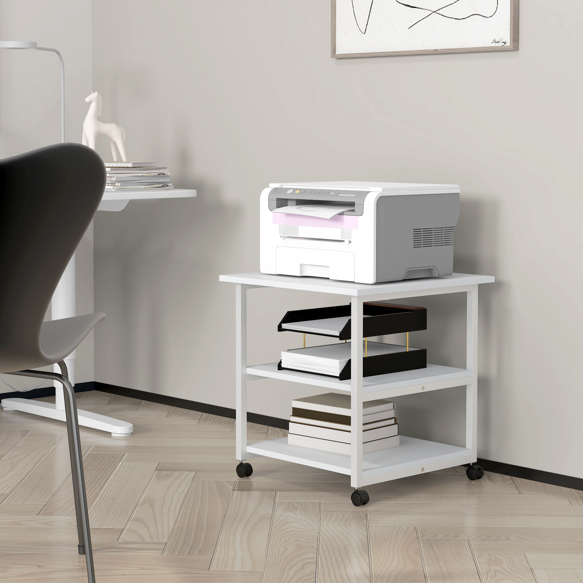 HOMCOM 3-Tier Printer Stand with Storage Shelf, Mobile Printer Table on ...