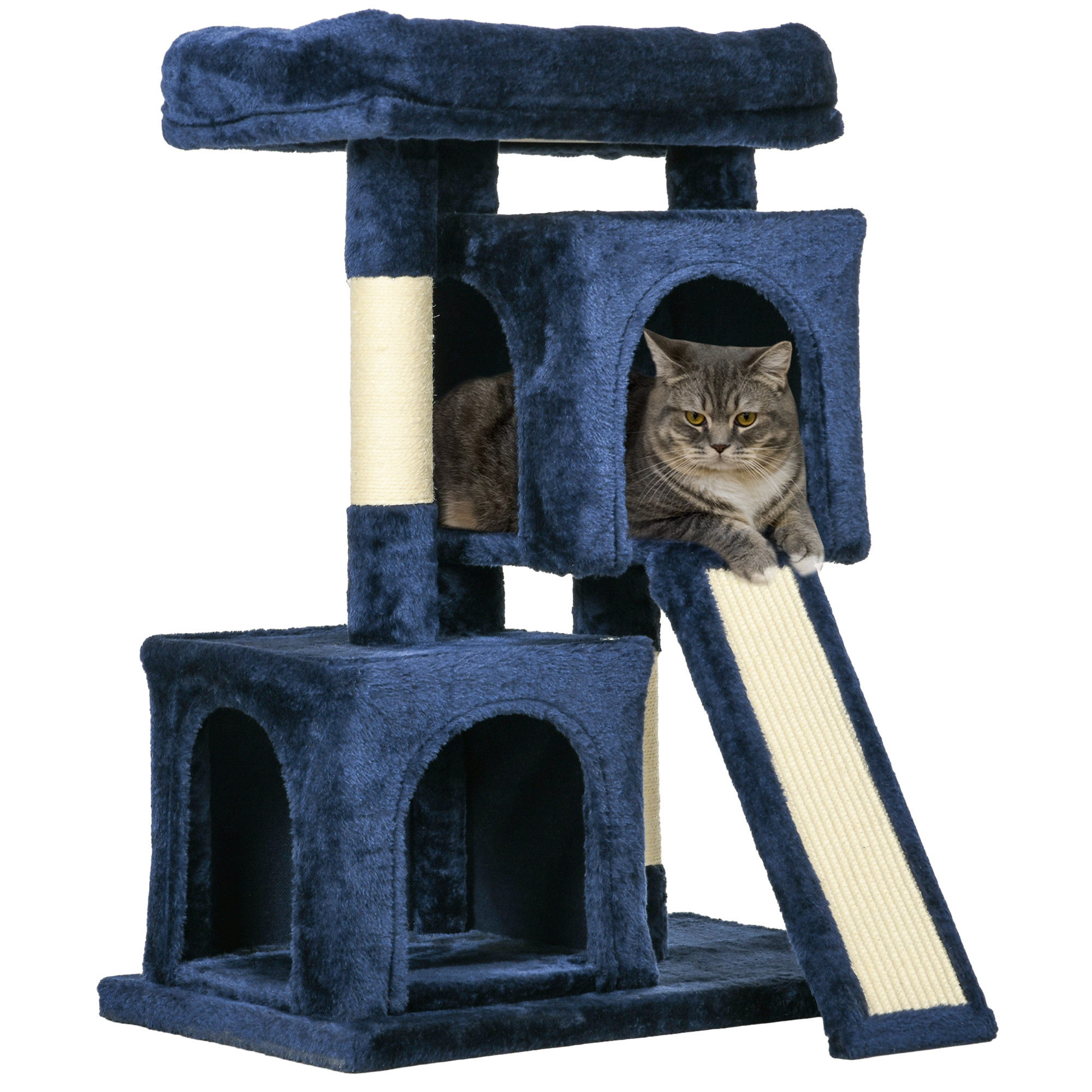 PawHut Sisal Cat Rest & Play Activity Tree w/ 2 House Navy Blue | Aosom UK