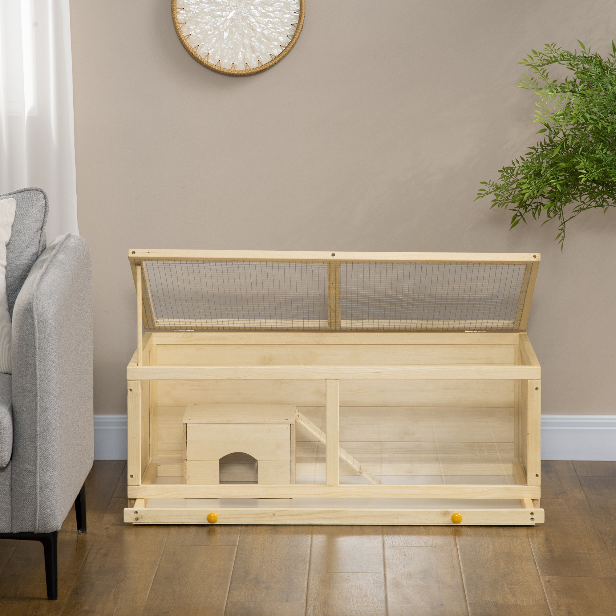PawHut Wooden Hamster Cage with Sliding Tray, Openable Top, Hut for ...
