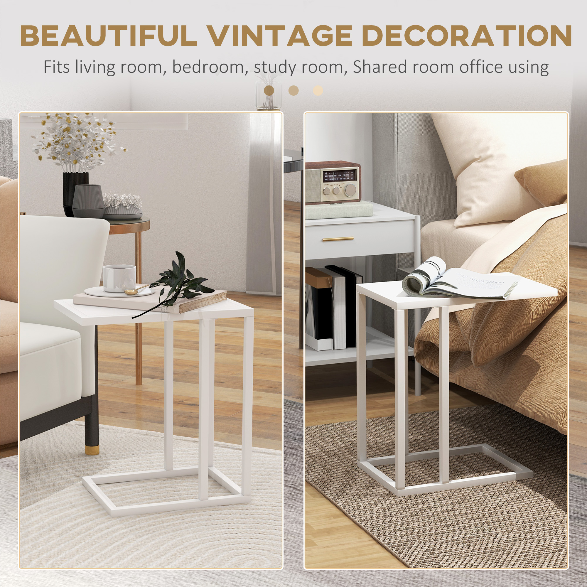 HOMCOM C Shape Bedside Table w/Metal Frame Wood-Effect Top Sofa Narrow ...