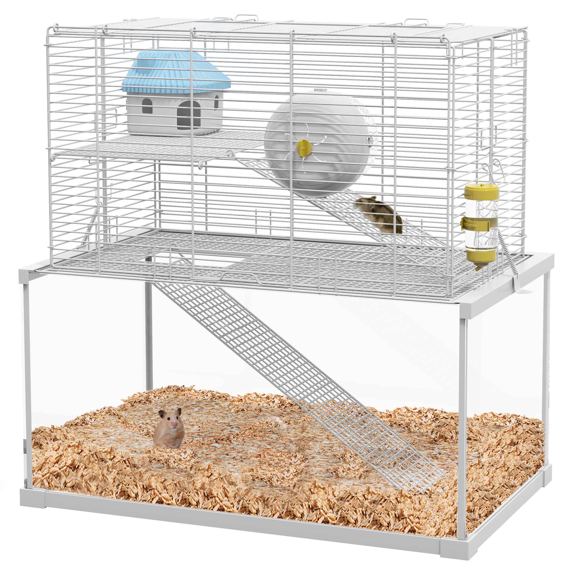 PawHut Gerbil Cage, Dwarf Hamster Cage w/ Deep Glass Bottom, Ramps ...