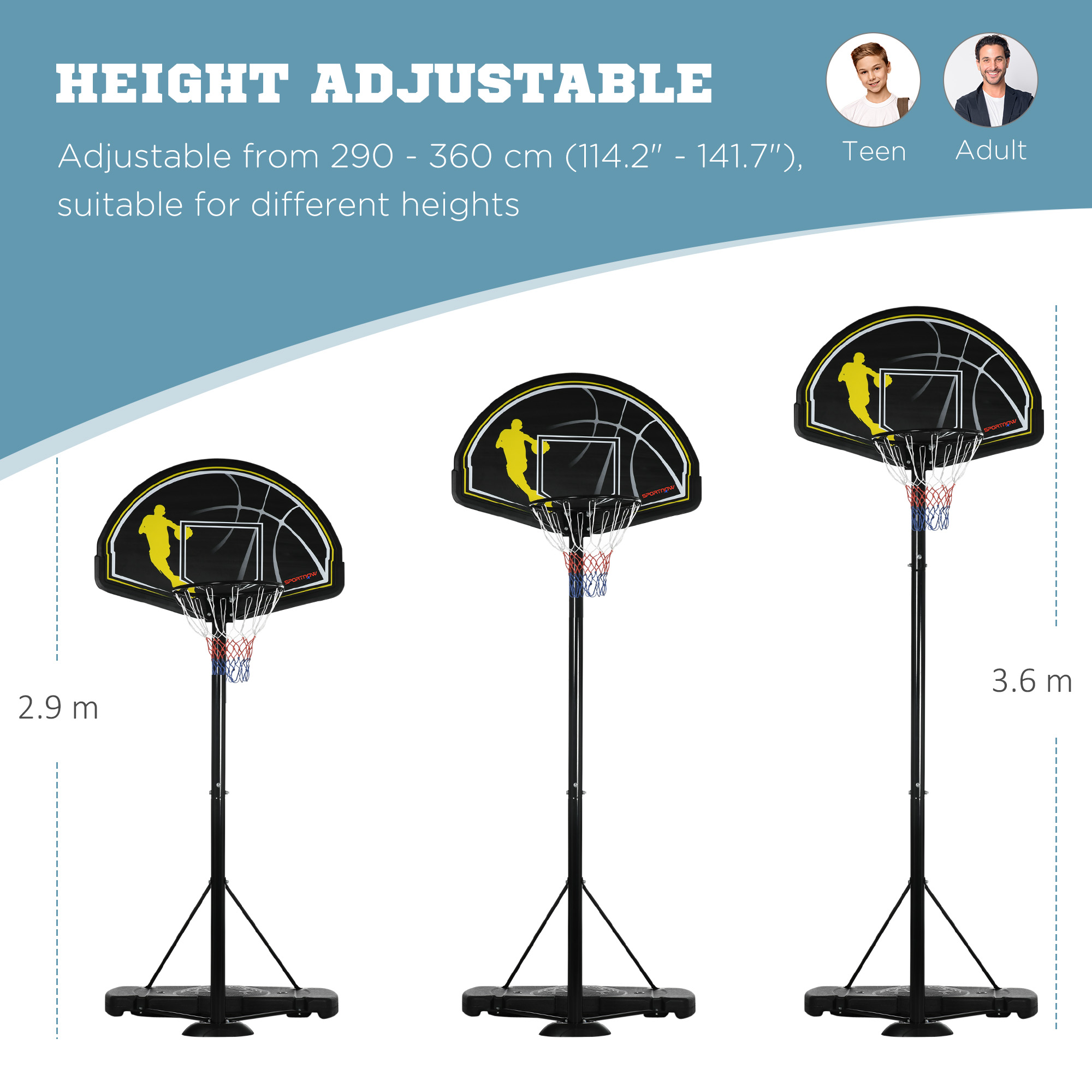 SPORTNOW 2.3-3m Basketball Hoop and Stand with High Strength PE ...