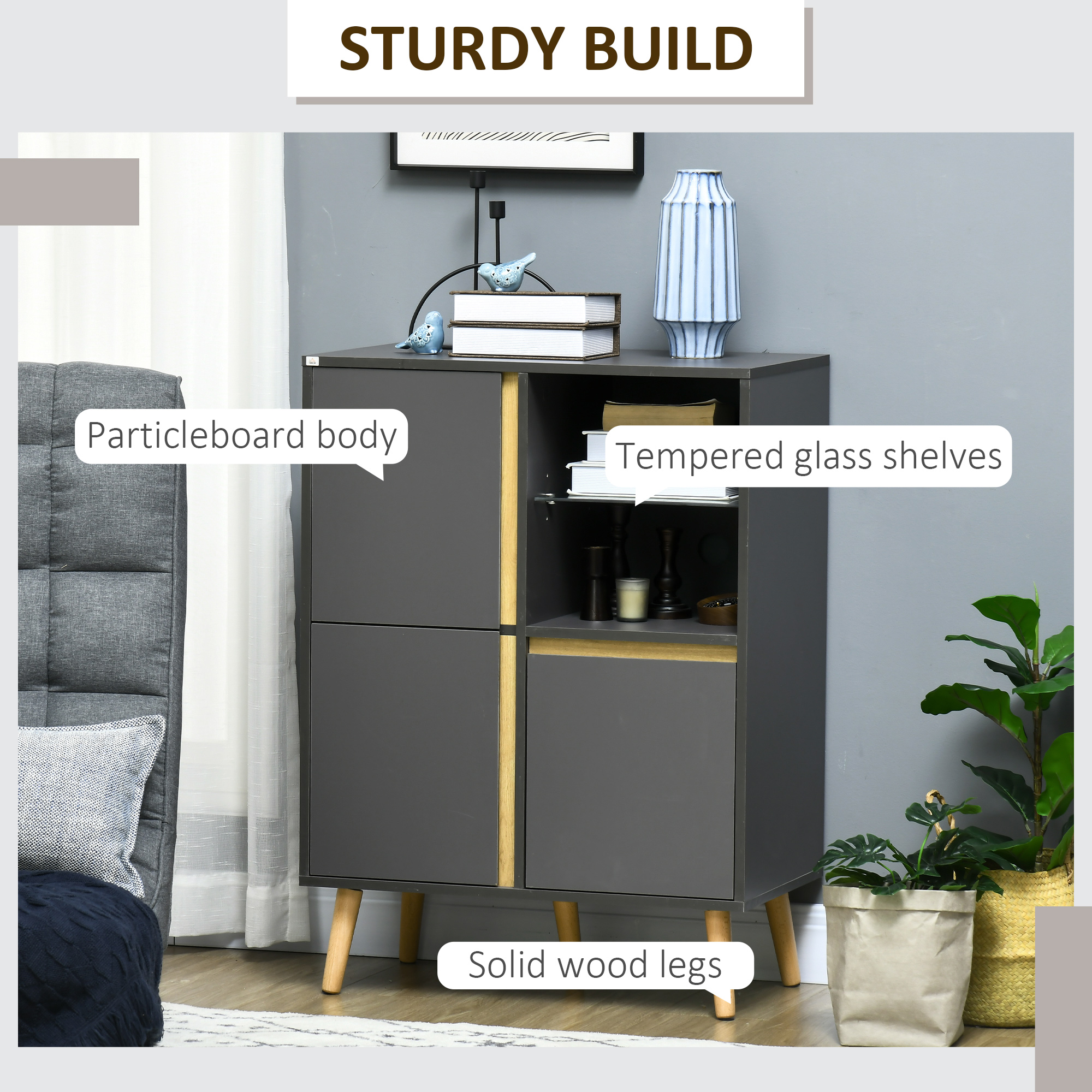 HOMCOM Storage Cabinet Sideboard with Tempered Glass Adjustable Shelves ...
