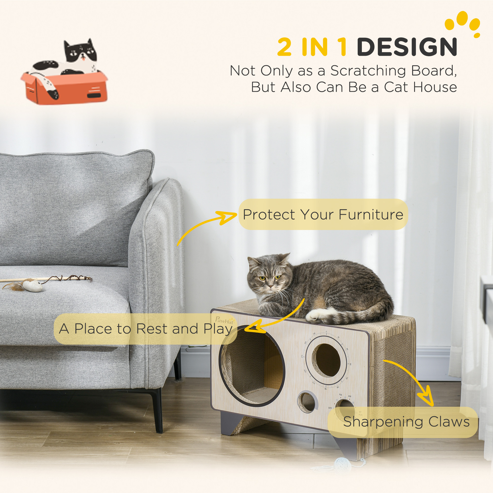 PawHut 2 in 1 Cat Scratcher, Radio Shape Cat House with Catnip, 57 x 24 ...