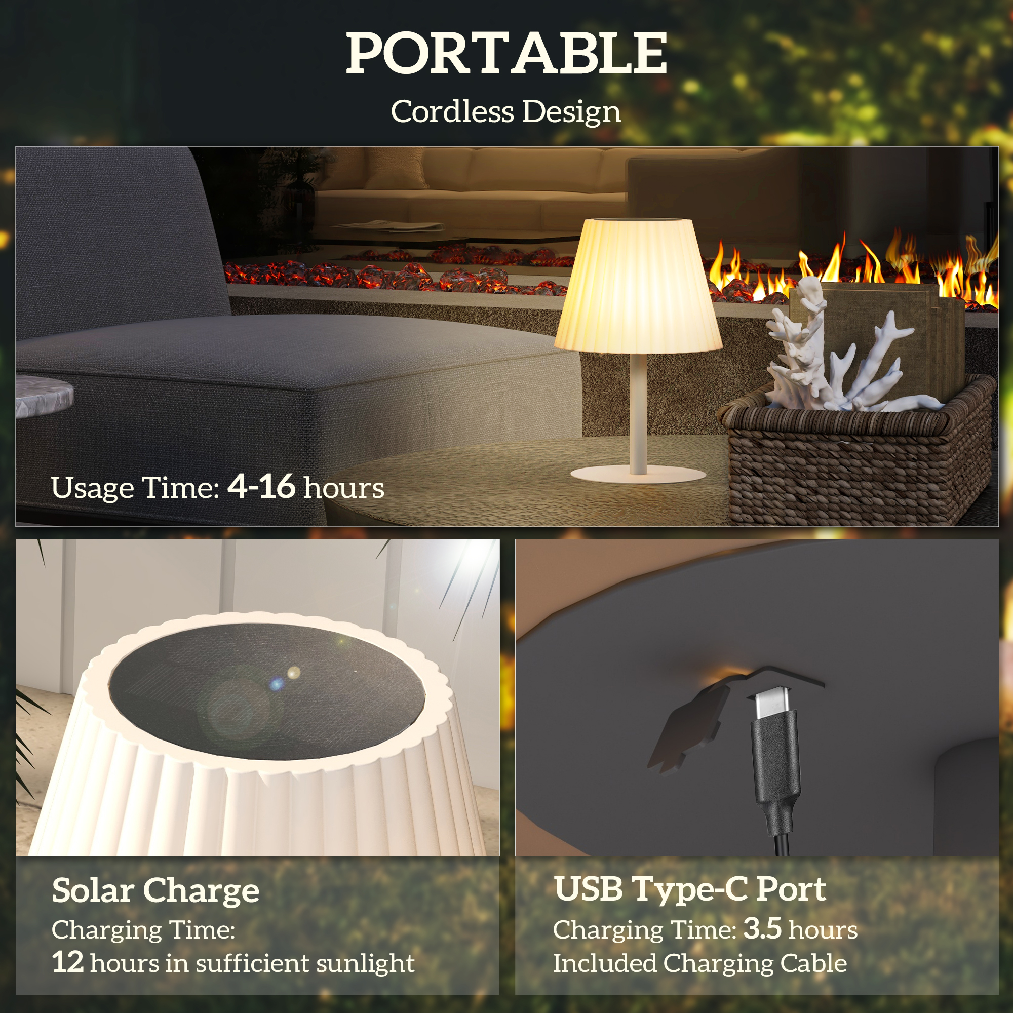 Outsunny Outdoor Solar Table Lamp, Cordless LED Desk Lamp with ...