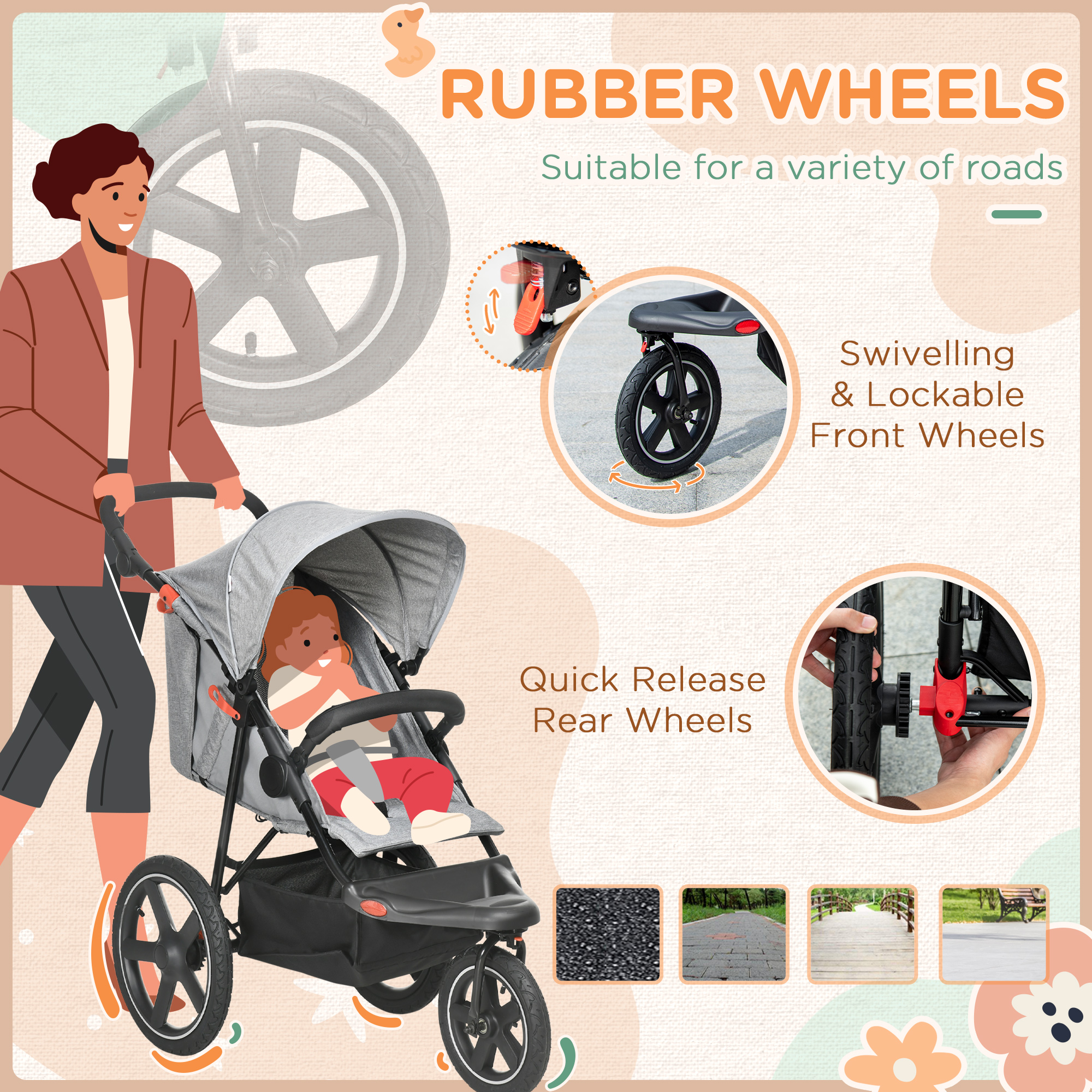 HOMCOM Foldable Three-Wheeler Baby Stroller w/ Canopy, Storage Basket ...