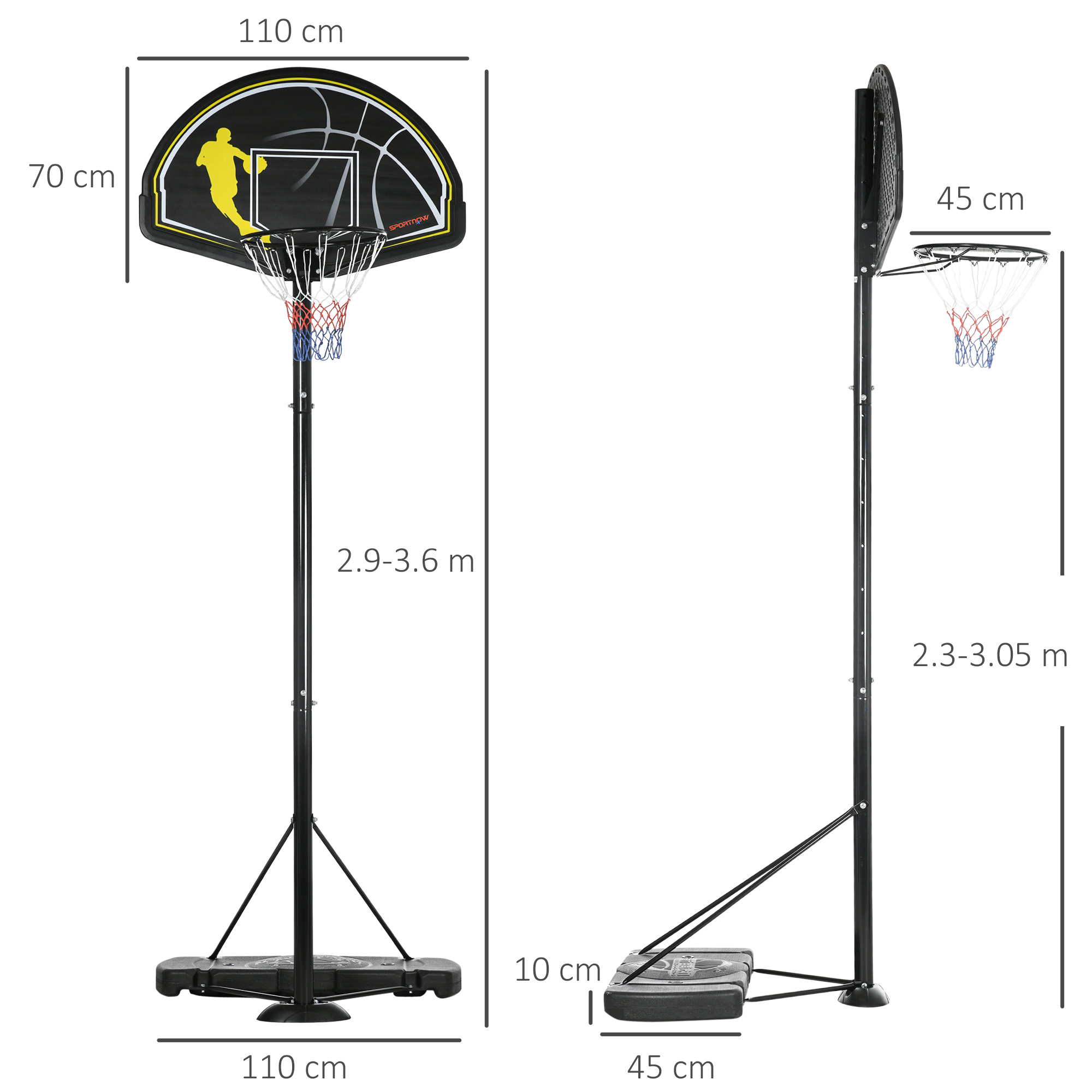 SPORTNOW 2.3-3m Basketball Hoop and Stand with High Strength PE ...